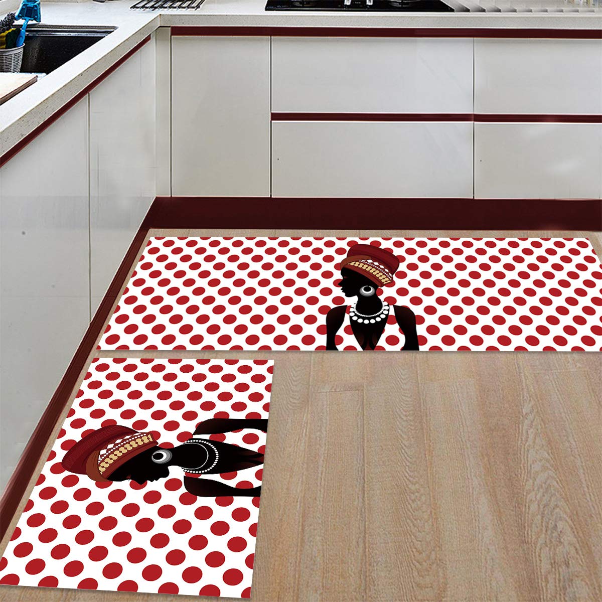 African Women Kitchen Rugs Set, 2 Pieces Comfortable Standing Mats, Floor Rug for Laundry Room, Dining Room, Playroom 19.7x31.5inch+19.7x63inch, Polka Dots Red Black White