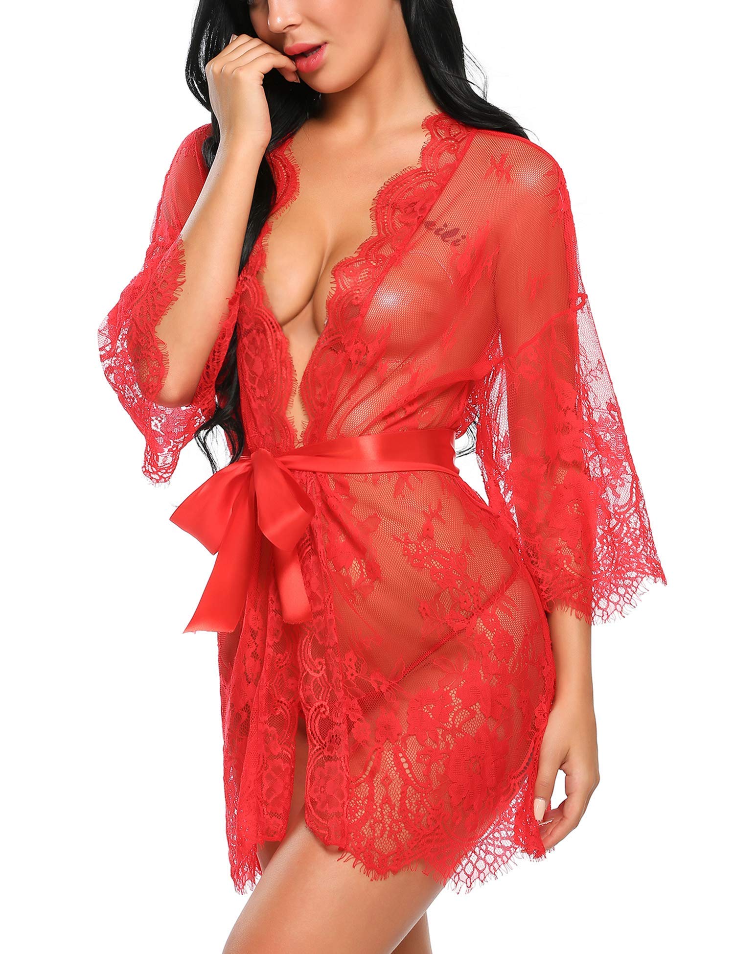 Avidlove red robe Women's Lace Kimono Robe Babydoll Lingerie Mesh Nightgown Red XL