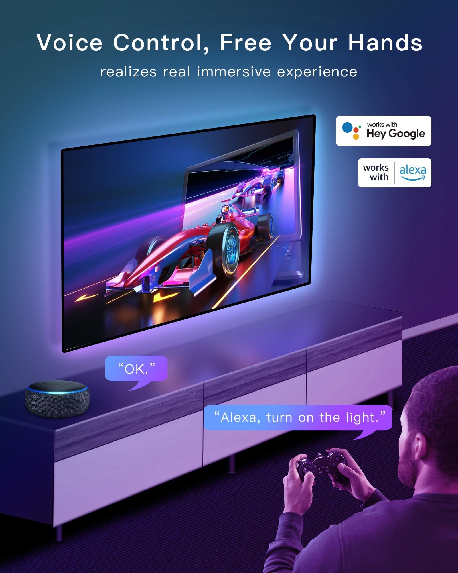 Azoula TV LED Backlight Immersion Ambient TV Strip Lights for 55-65 Inch TV HDMI 2.0 Sync Box RGB+IC Wi-Fi Backlight Music Sync TV Light, Compatible with Alexa Google Assistant App Contro