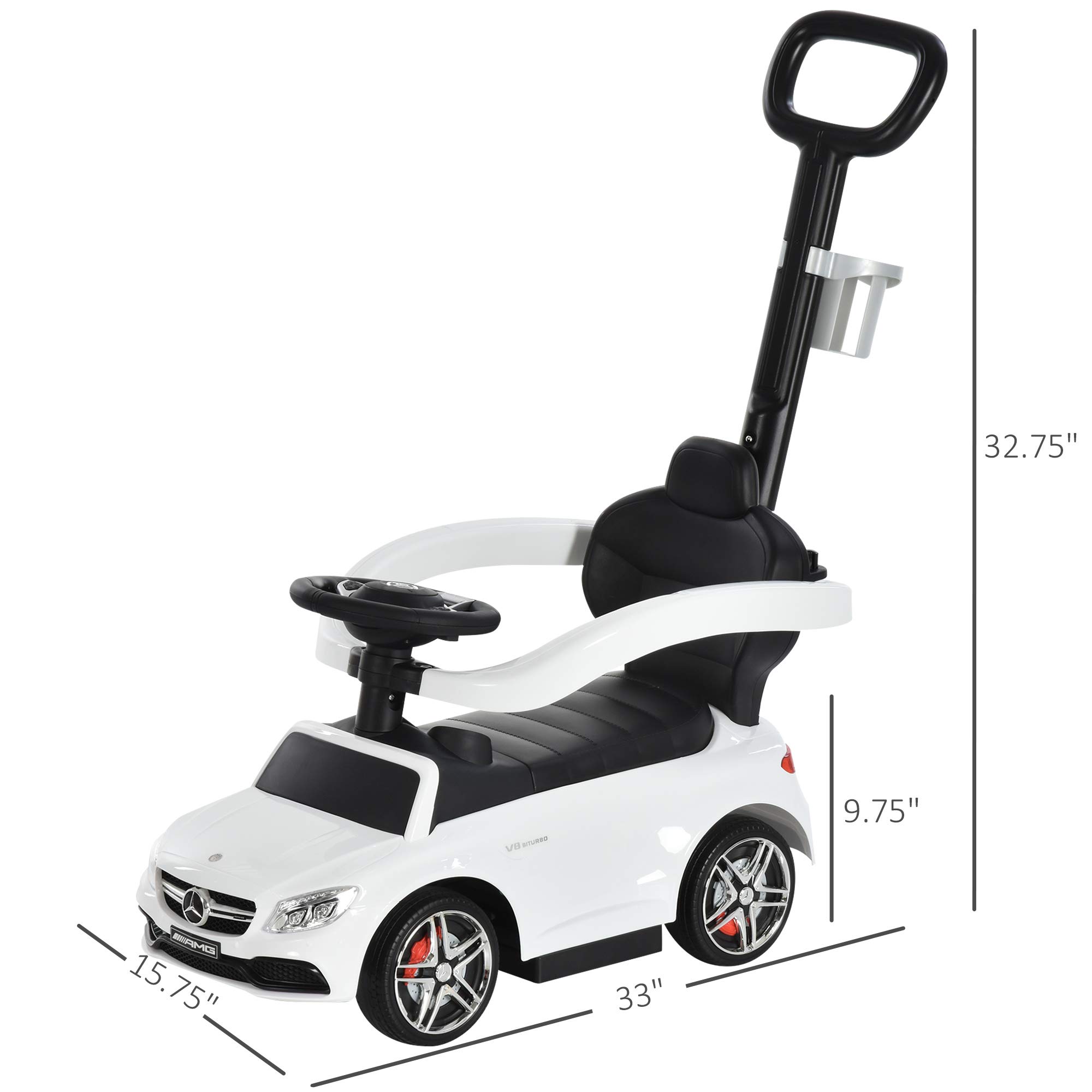 Aosom 3 in 1 Kids Ride on Push Car Stroller Sliding Walking Car for Toddler with Underneath Storage, Horn, Music, Working Steering Wheel, White