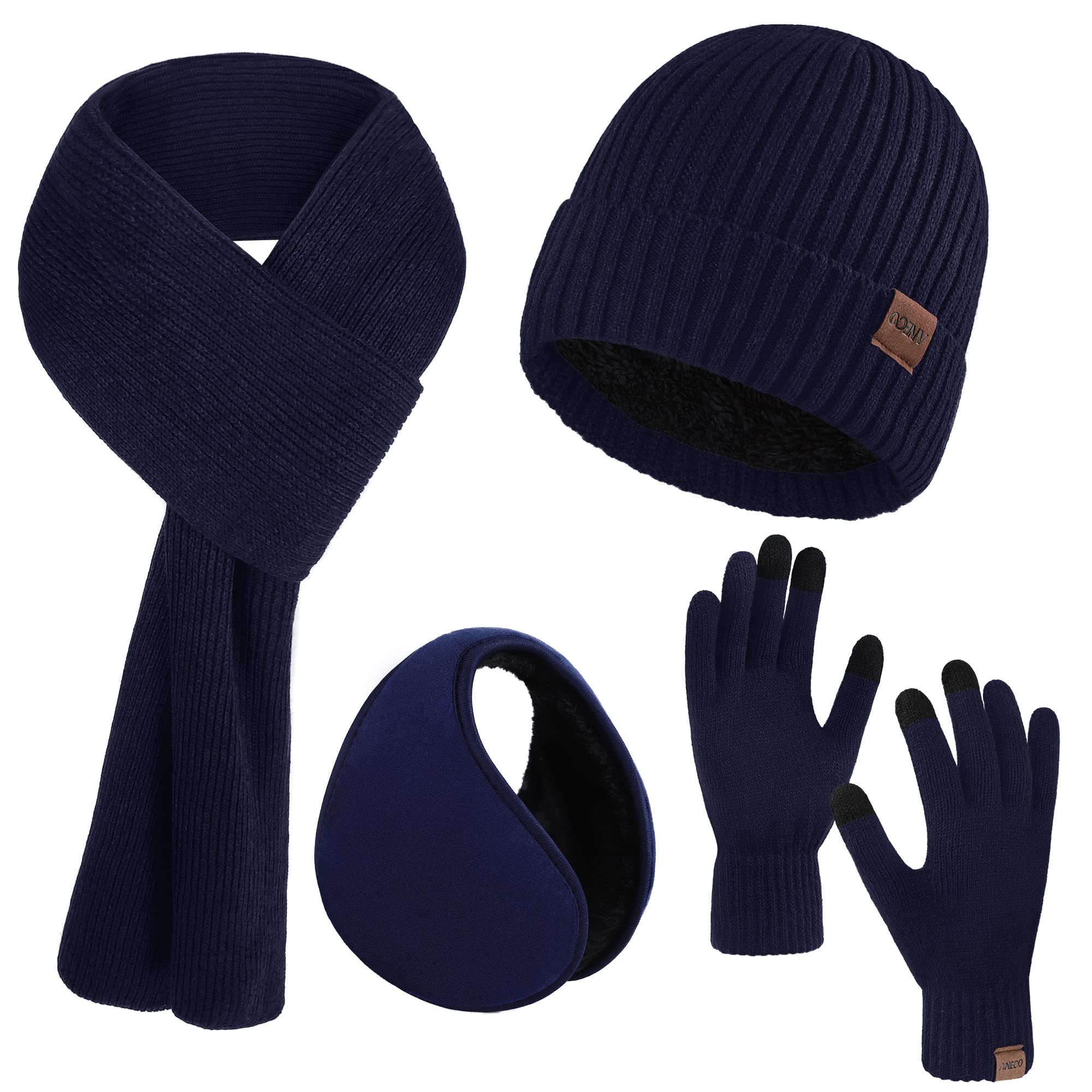 Aneco Winter Beanie Hat Set for Men 4 Pieces Knit Glove Scarf Beanie Hat Earmuffs Set for Men Women