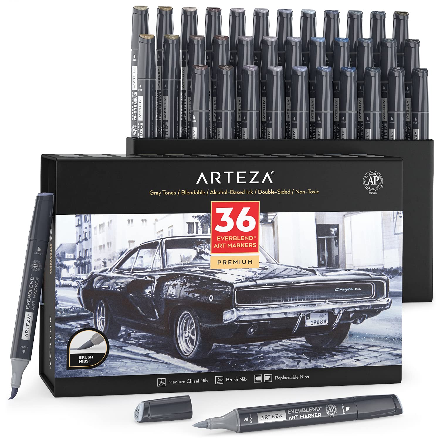 ARTEZA Alcohol Brush Markers Set of 36 Grayscale Dual Tip Markers with Organizer Box, Medium Chisel and Brush Nib