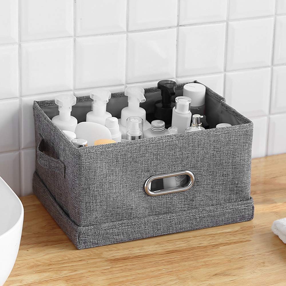 ANMINY 3 PCS Storage Boxes with Handles Removable Lids PP Plastic Board Foldable Lidded Cotton Linen Home Storage Cubes Bins Baskets Closet Clothes Toys Organizer Containers - Gray, Small Size