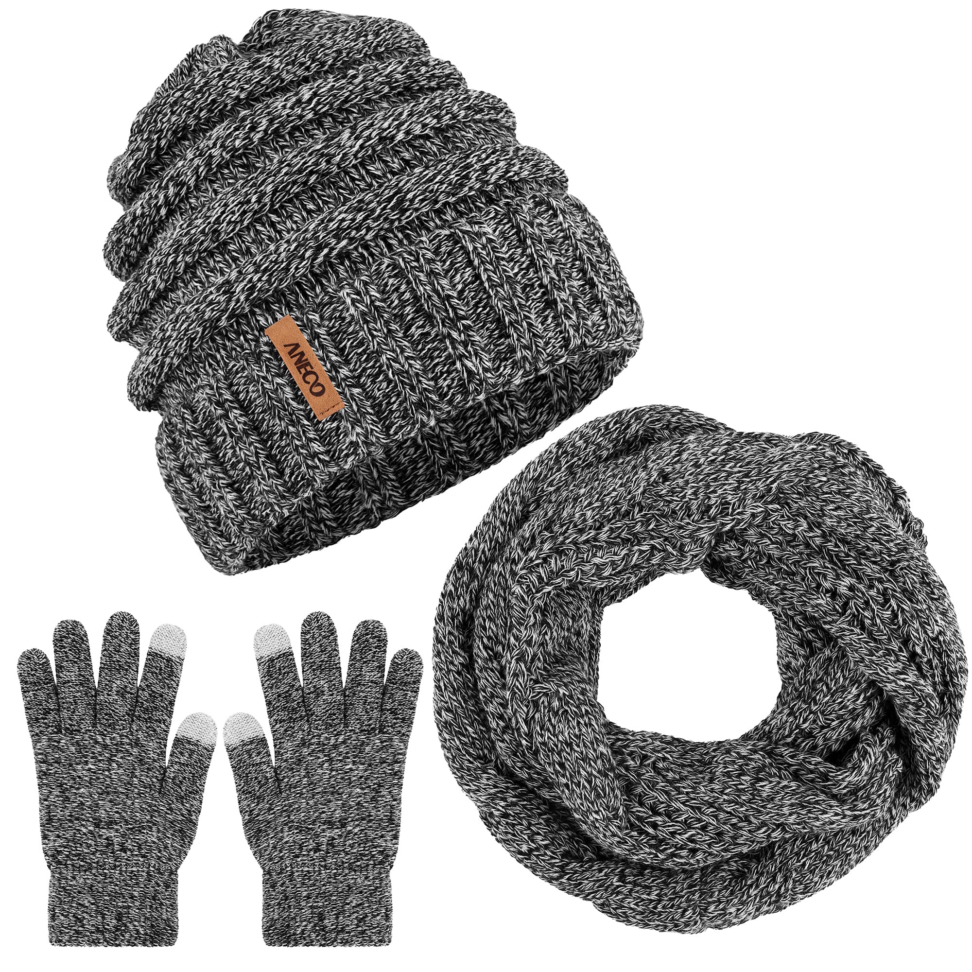 Aneco Winter Warm Knitted Scarf Beanie Hat and Gloves Set Men & Women's Soft Stretch Hat Scarf and Mitten Set
