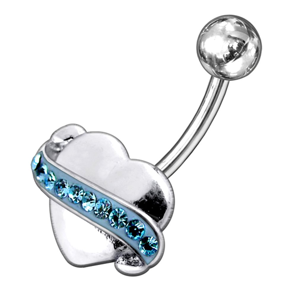 Aquamarine Multi Crystal Stone Stipe on Heart Design 925 Sterling Silver Belly Button Piercing Ring Jewelry