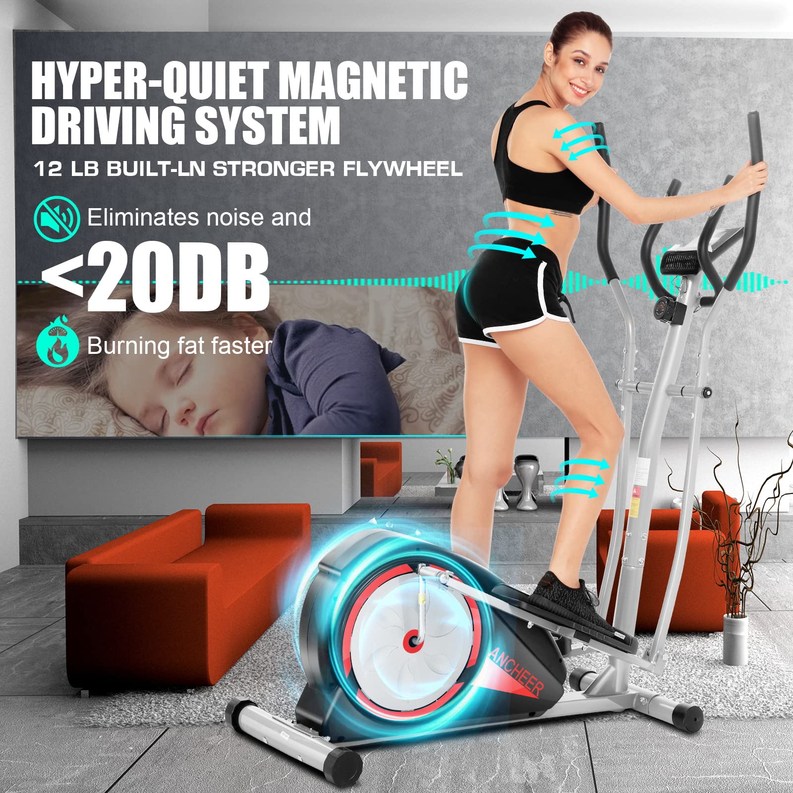 ANCHEER Elliptical Machine for Home Use, Cross Trainer with LCD Monitor & 8 Level Magnetic Resistance, Elliptical Training Machines, Heavy Duty Flywheel for Cardio Training Workout