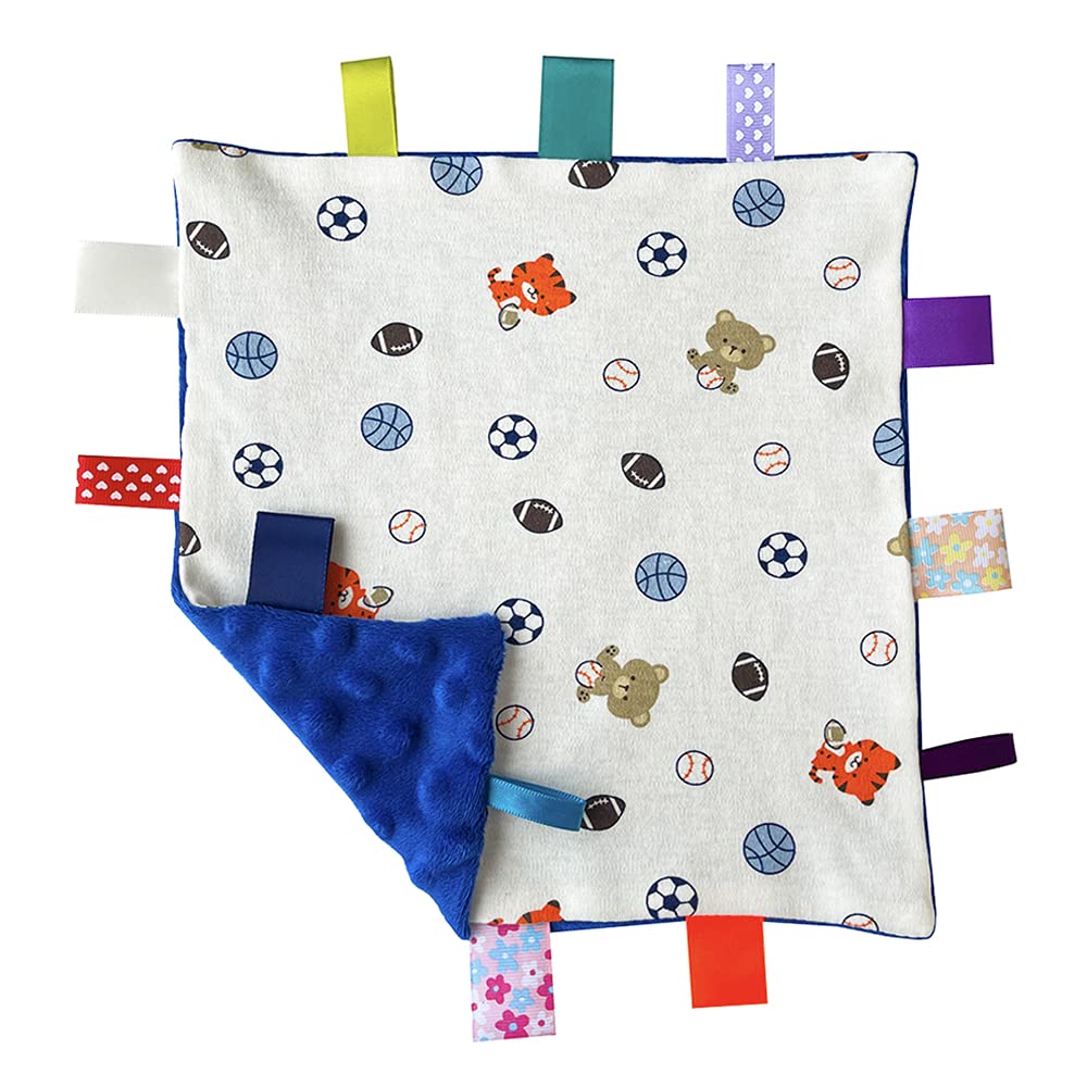 Baby Boy Blue Tag Security Blanket, Soft Tag Blanket, Basketball Footaball Soccer Comforter Blanket, Security Comforter with Colorful Tags Shower Gift for Child Toddler Kid-Blue