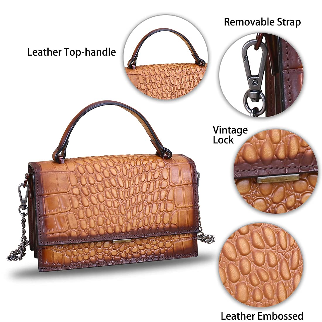 Genuine Leather Handbags for Women Retro Handmade Small Satchel Purse Luxury Top Handle Real Leather Embossed Design Crossbody Bag (Brown)
