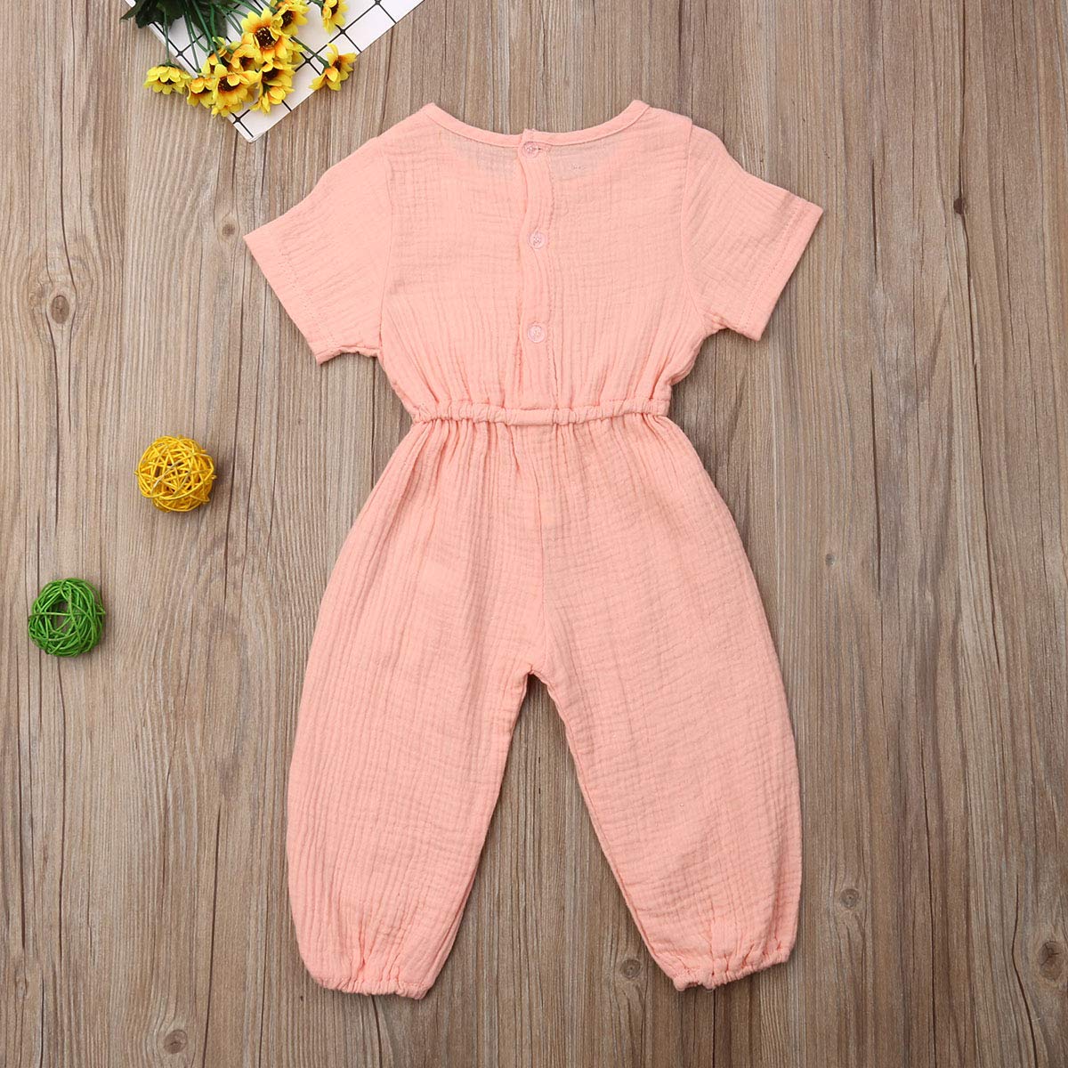Mubineo Toddler Baby Girl Summer Fall Basic Plain Short Sleeve Cotton Linen Drawstring Romper Jumpsuit (Peach Pink, 2-3T)