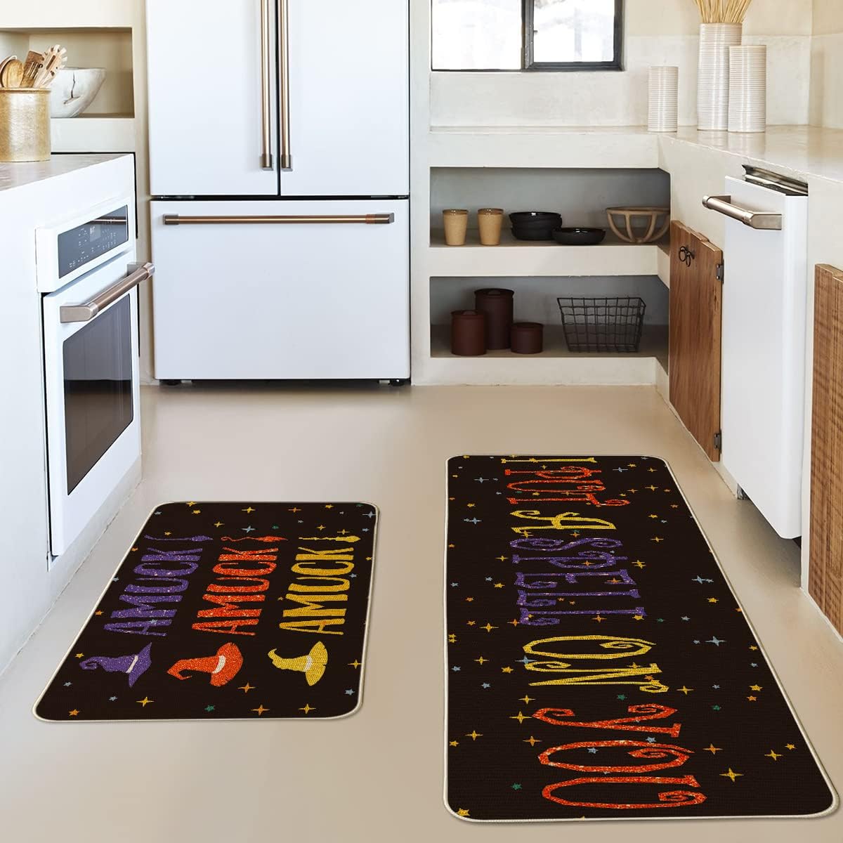Artoid Mode Black I Put A Spell On You Amuck Halloween Decorative Kitchen Mats Set of 2, Low-Profile Floor Mat 17x29 and 17x47 Inch