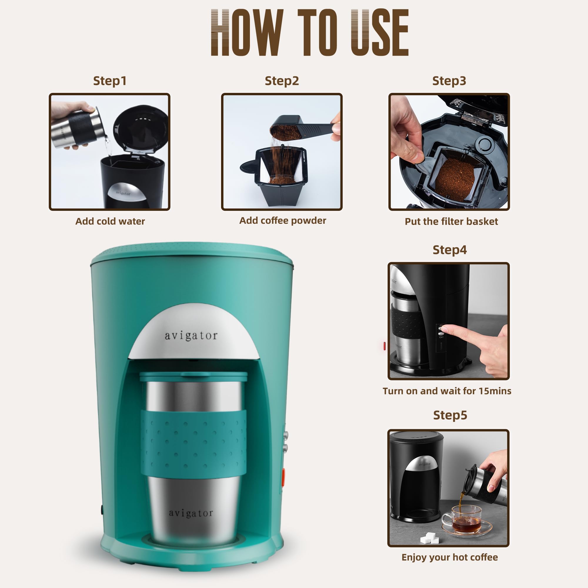 avigator Portable Coffee Maker, 12V Car Coffee Maker, Travel Coffee Machine Fits Car Cigarette Lighter Plug, with Fast Heating, Auto Shut Off, Ground Coffee Maker for Driving Camping&RV(Dark Green)