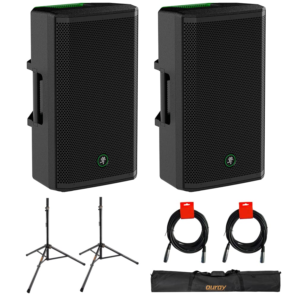 Mackie Thrash212 12-Inch 1300W Powered PA Loudspeaker System, Black (Pair) Bundle with Steel Speaker Stands with Tripod Base and Carrying Case and 2X XLR-XLR Cable