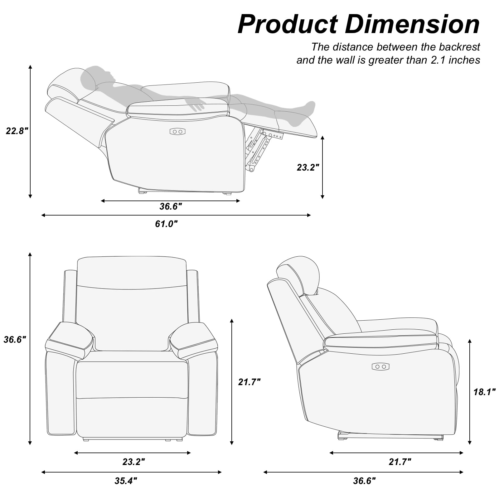 Belffin 105.1” Fabric 4-Seater Reclining Couch. Power Recliner Sofa for Living Room. Electric Recliner Couch. Beige.