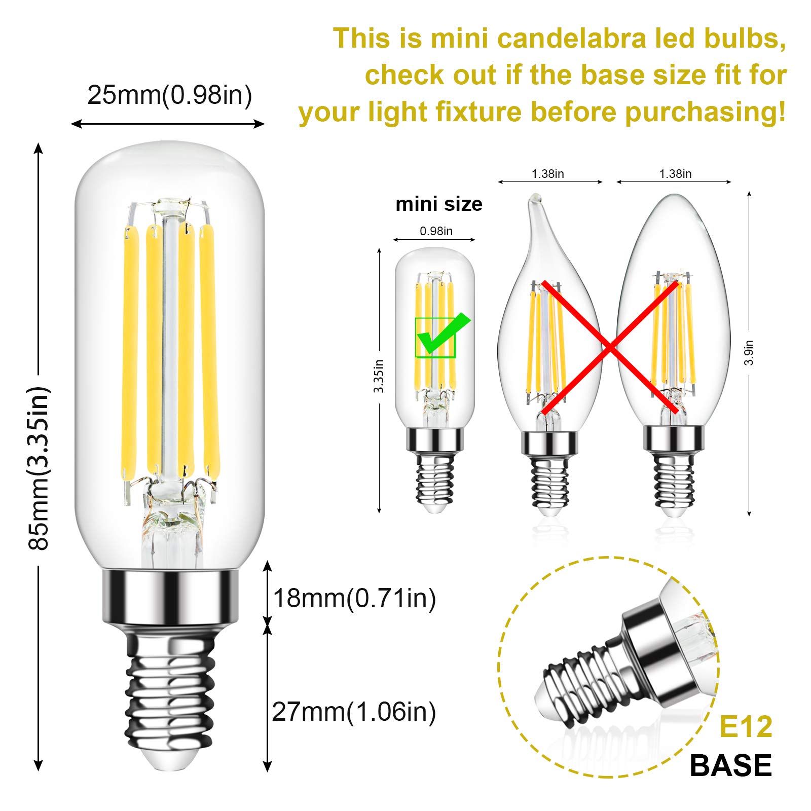 Ascher T6 LED Bulbs Candelabra Light Bulbs, 40W Incandescent Replacement, 400lm, Daylight White 5000K, Non-Dimmable, E12 Base, Pack of 12