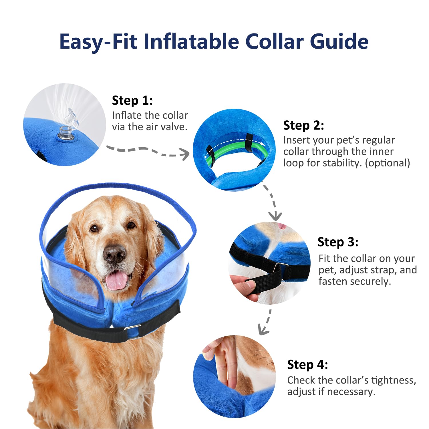 Wepet Adjustable Protective Elizabethan Collar for Cats & Dogs with Shield, Pet Recovery Collar, Pet Cone, Inflatable, Removal & Washable, Easy Storage, Durable & Soft, Blue, Size L with Clear Shield