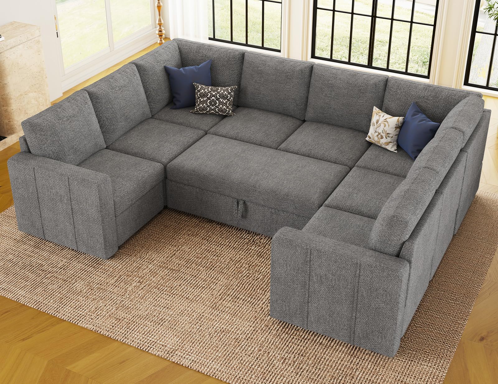 Belffin Modular Sectional Sleeper Sofa with Pull Out Bed and Storage Ottoman Convertible L Shape Sleeper Sectional Couch for Living Room Grey