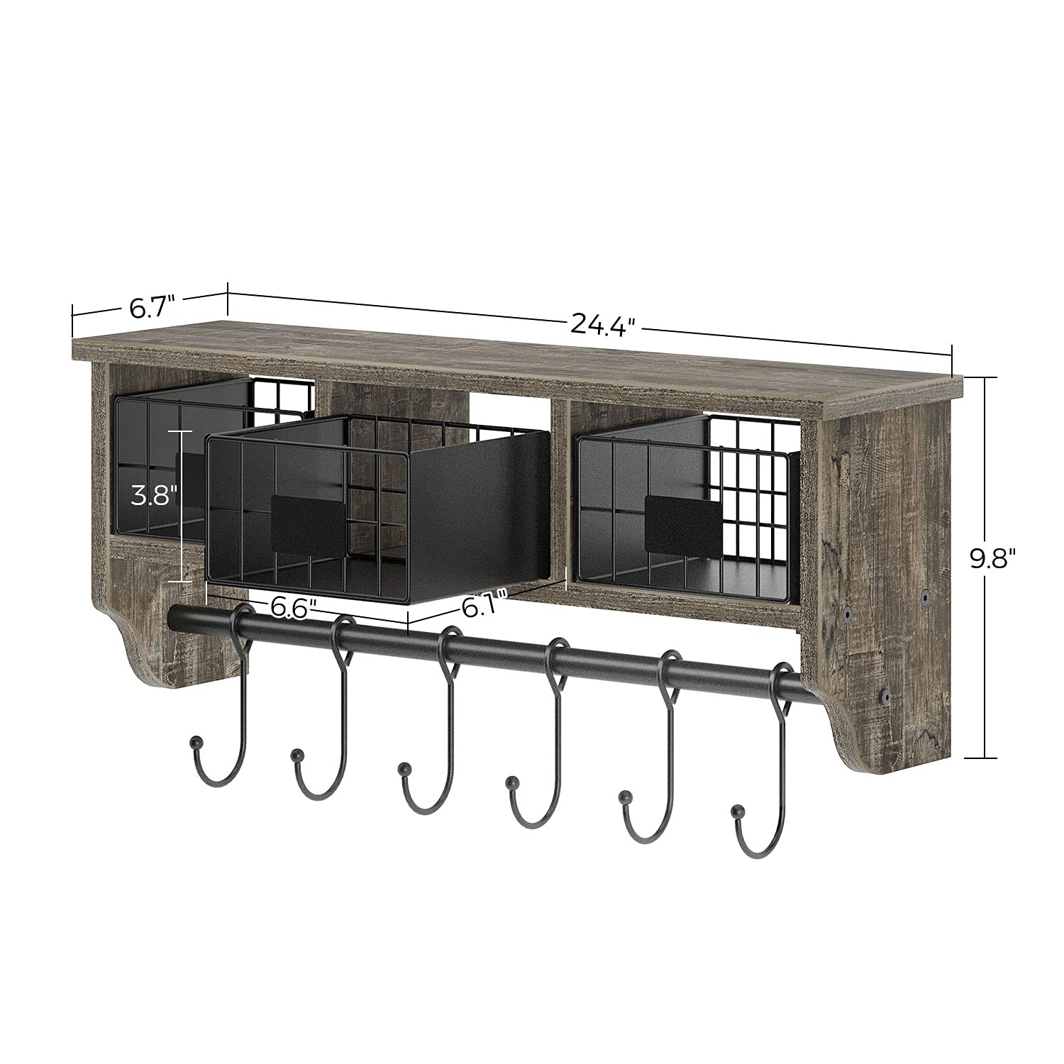 Rolanstar Wall Mounted Shelf with Hooks, Entryway Organizer Shelf with Storage Basket, Wall Mount Coat Rack with 6 Hooks, 24”Coffee Bar Hanging Shelf for Living Room,Bathroom,Kitchen,Grey
