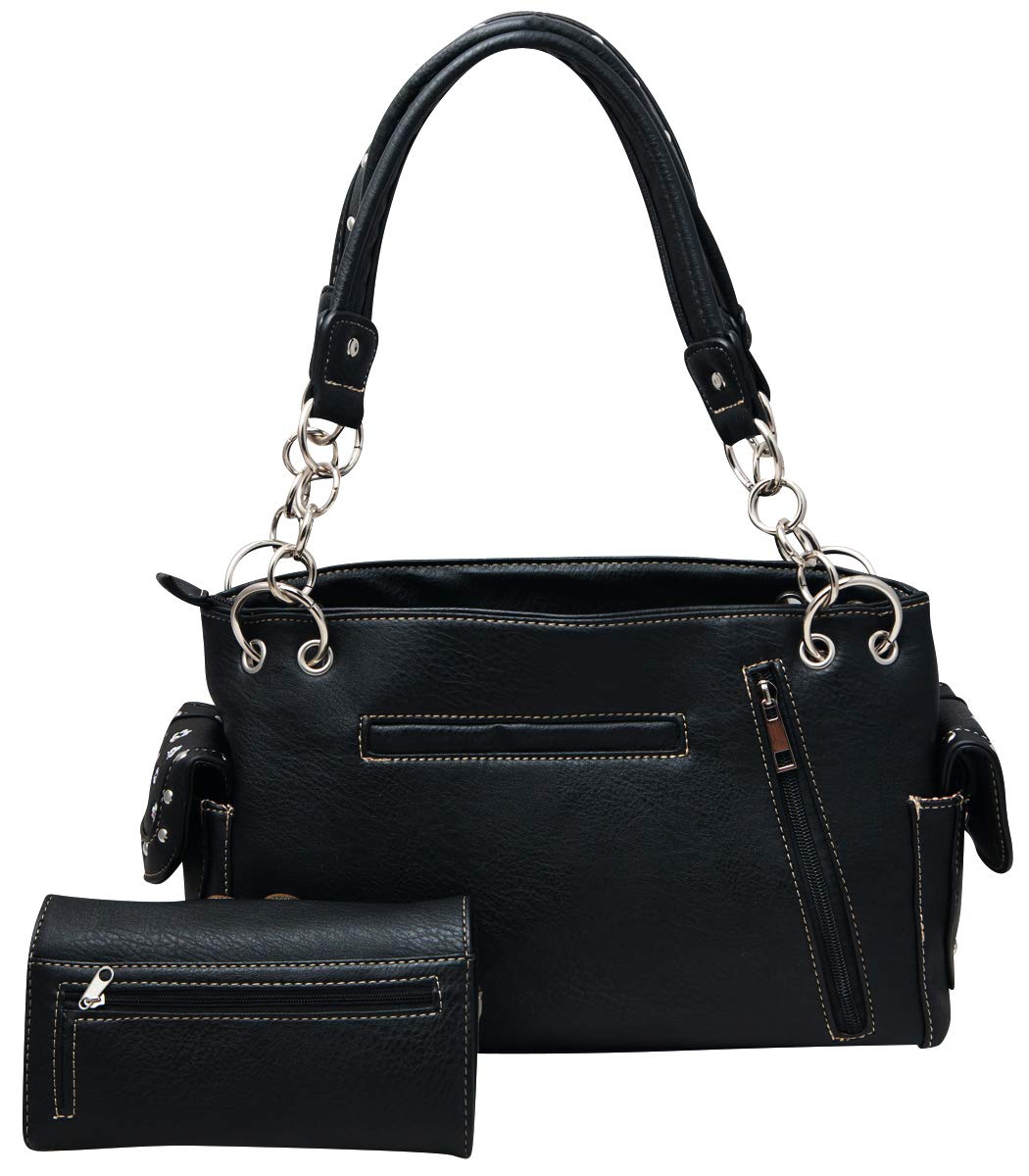HW Collection Dog Paw Print Handbag Women Shoulder Purse Wallet Set Western Style (Black)