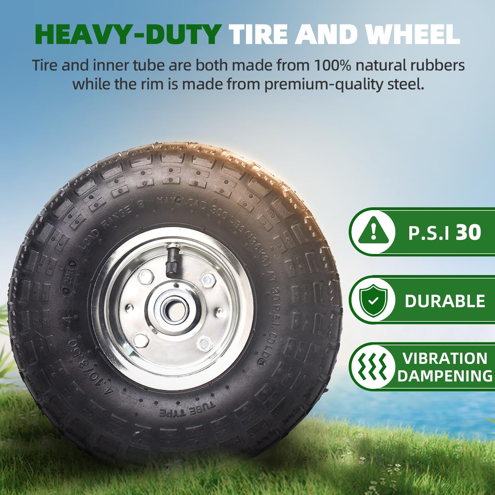AR-PRO (2 Pack) 4.10/3.50-4 Tire and Wheel, Replacement Pneumatic Tires 10-Inch Wheel with 5/8" Bearings and 2.2" Offset Hub, Compatible with Hand Truck, Wheelbarrow, Wagon, Gorilla Carts