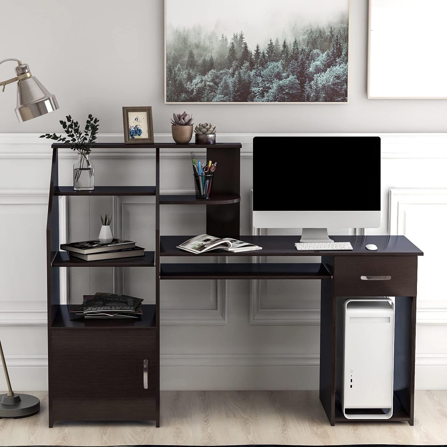 ArtiCasa Multi-Functions Computer Desk with Storage Draws,Office Desk with Bookshelves & Reversible File Cabinet, Study Writing Desk with Host Storage & Pull-Out Keyboard Tray (White)