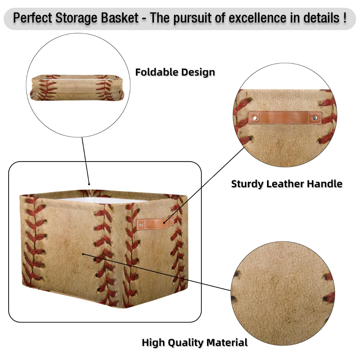 Baseball Storage Basket,Softball Large Toys Storage Cube Box with Handles, Collapsible Laundry Basket Rectangular Waterproof Storage Organizer Bin for Nursery Bedroom Playroom Shelves Gift Basket
