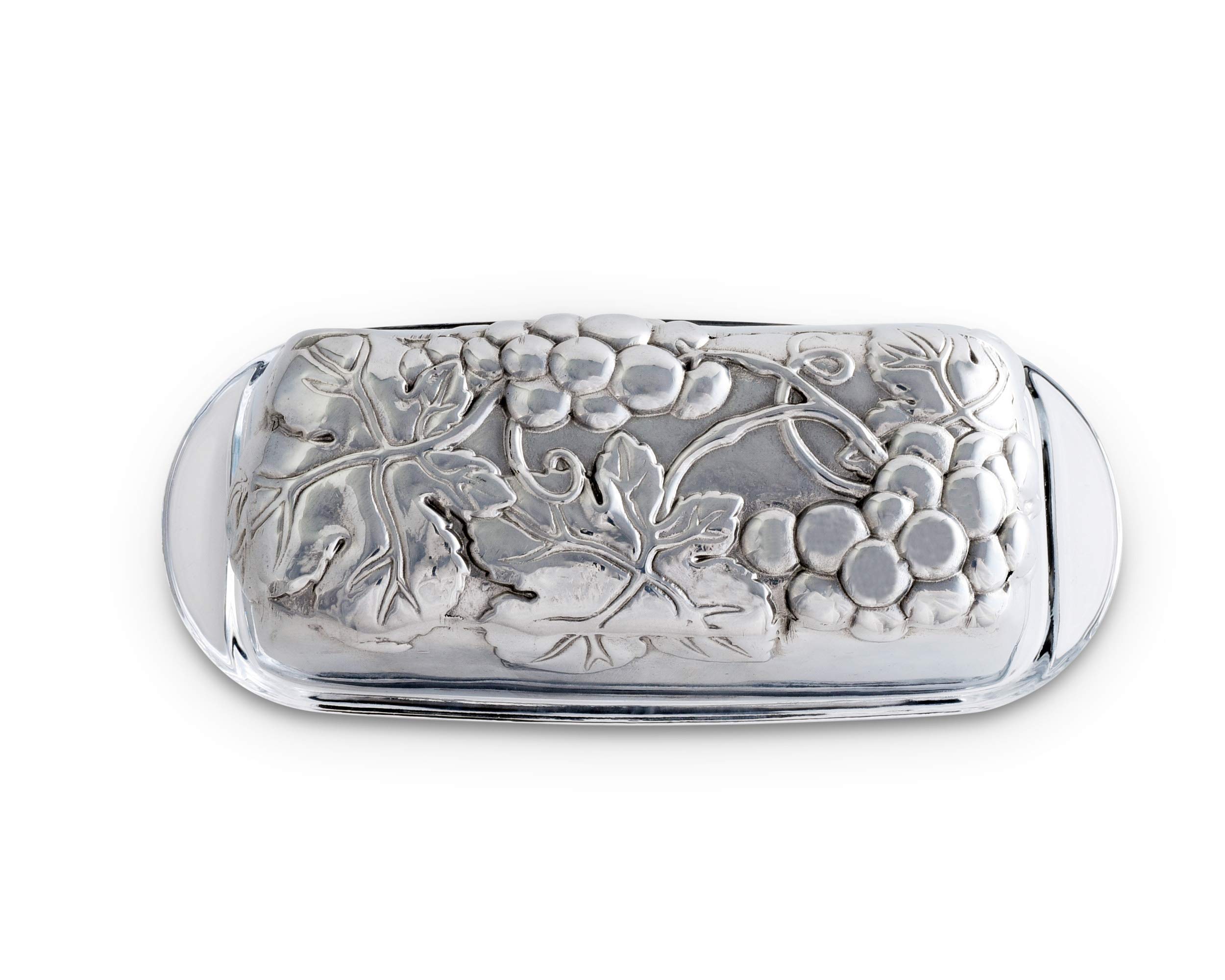 Arthur Court Designs Aluminum Grape Covered Butter Cream Cheese Dish Container Keeper Hand Polished Tarnish Free Artisan Quality with glass dish 7 inch Long