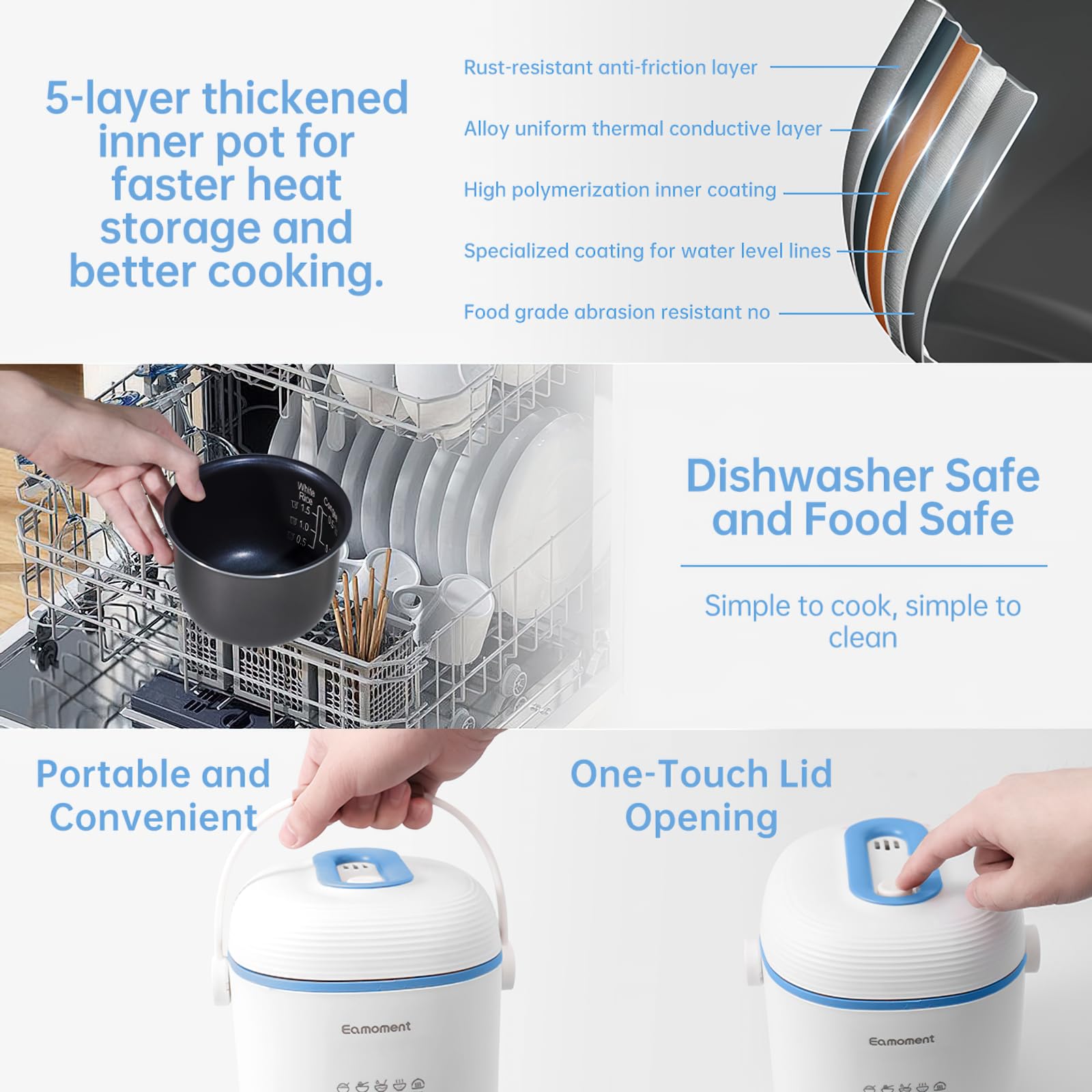 Blue Mini Rice Cooker Small 1 Cup-2 Cup Non-Stick Coated Insert Food Steamer Kitchen Appliances Includes Vegetable Steamer