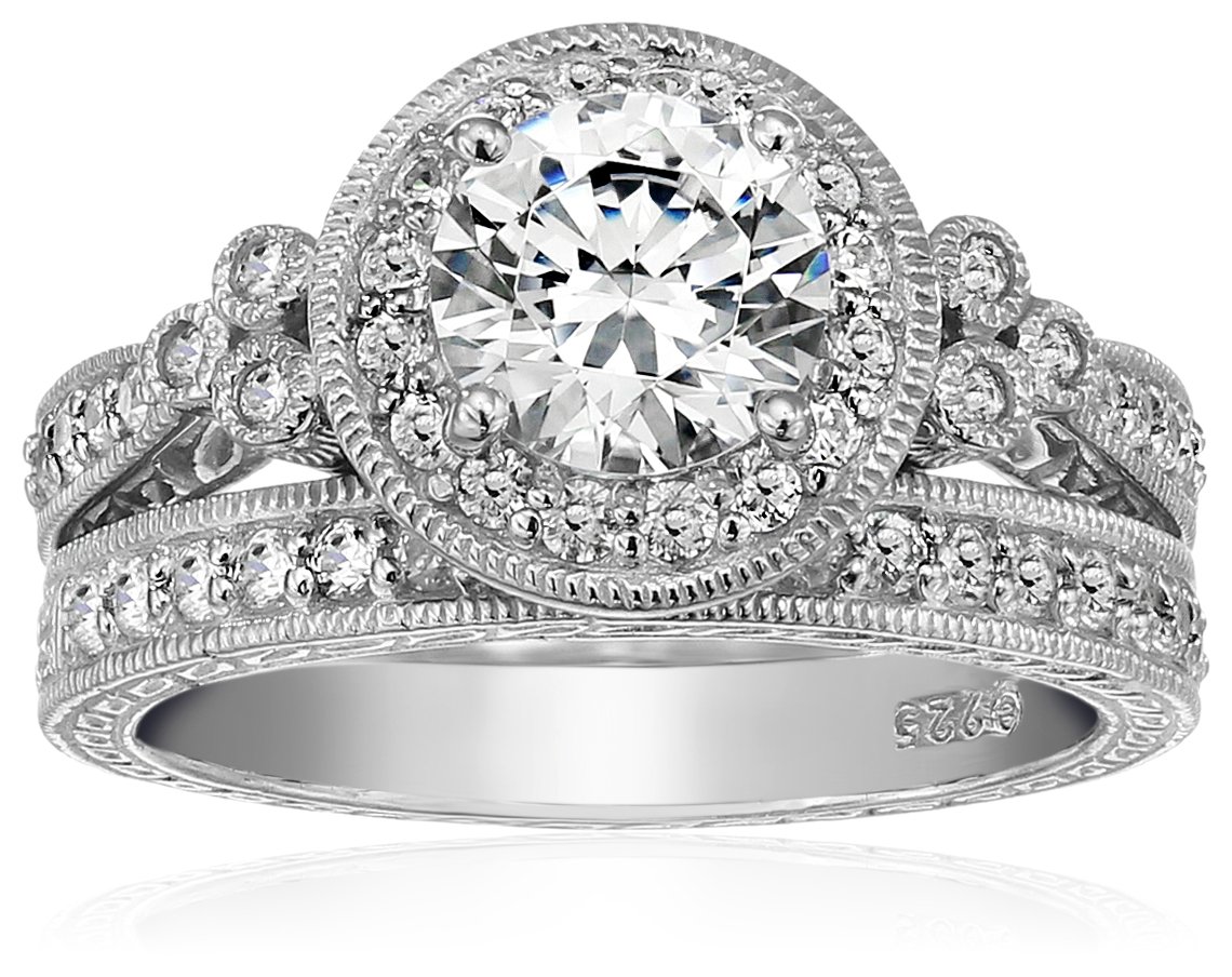 Amazon Essentials Platinum-Plated Sterling Silver Antique Rings set made with Infinite Elements Cubic Zirconia, Size 7, (previously Amazon Collection)