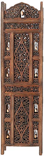 Cotton Craft Ghanti Bells - Antique Brown 4 Panel Handcrafted Wood Room Divider Screen 72x80 - With Tiny Bells - Intricately Carved On Both Sides