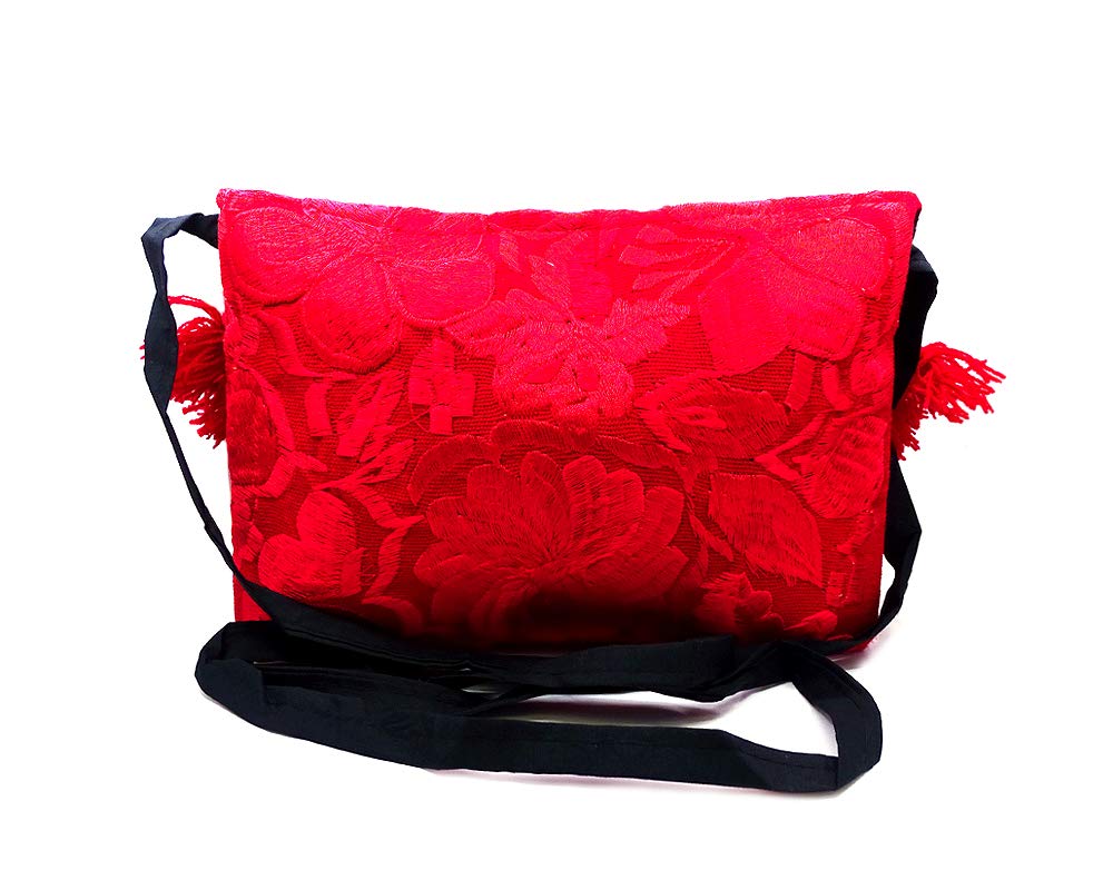 Floral Embroidered Pom Tassel Fringe Slim Envelope Clutch Purse Crossbody Strap Bag - Women Fashion Handmade Boho Accessories (Red)