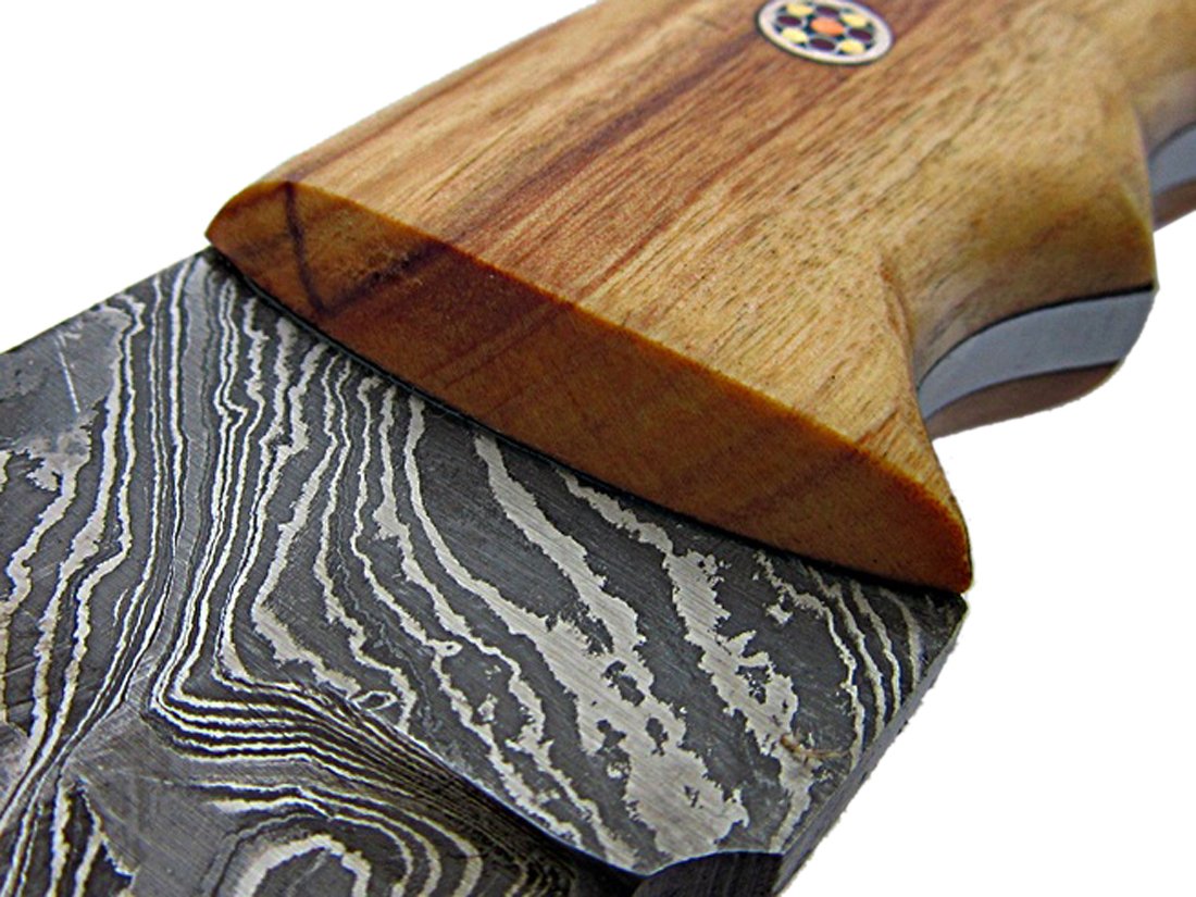 AishaTech Savage Fixed Blade Hunting Knife Damascus Steel Blade Wood Handle w/Mosaic Pin