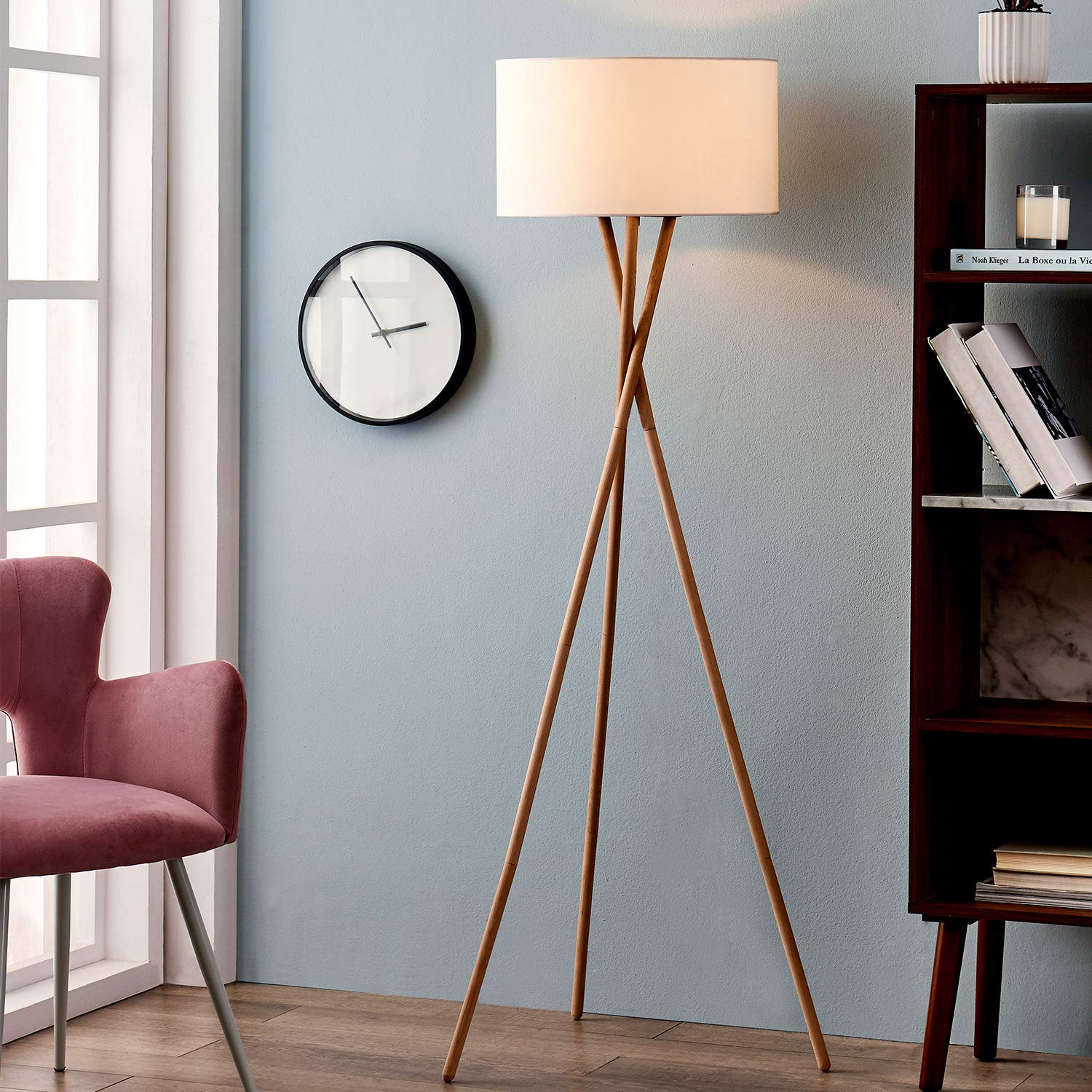 Archiology Tripod Floor Lamp - Modern Wood Floor Lamp with White Drum Shade and E26 Lamp Base,Perfect for Living Room, Bedroom, Study Room and Office