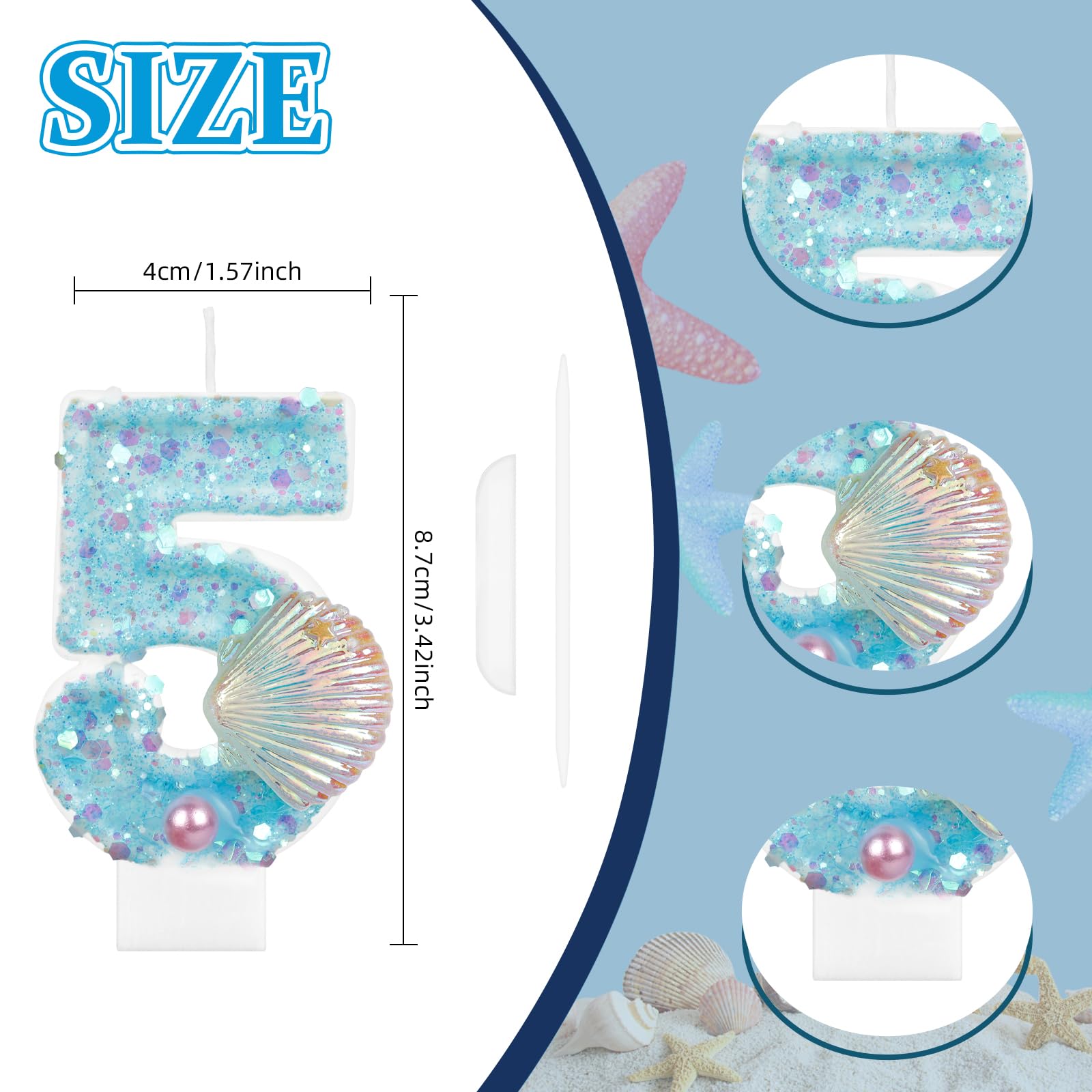 Blue Birthday Number 6 Candle, Girls Glitter Shell Sequins Birthday Candles for Cake Decorations, Mermaid Theme Party Birthday Wedding Anniversary Celebration Supplies