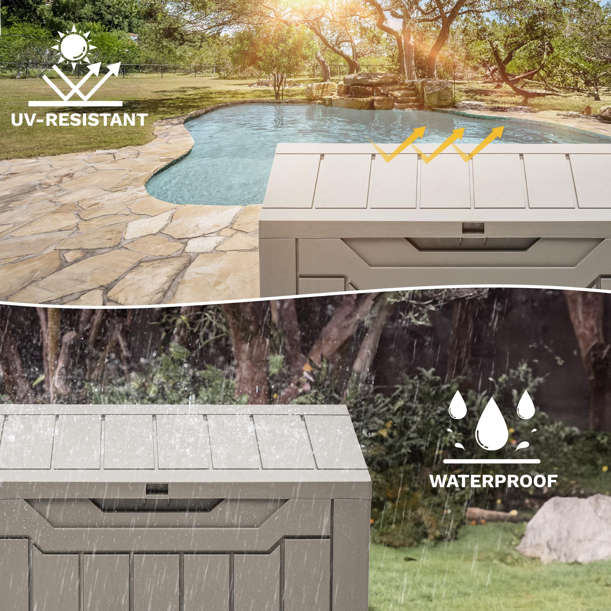 DWVO 120 Gallon Outdoor Storage Box, Large Lockable Resin Deck Box, Water Resistant Patio Storage Box for Tools, Cushions, Supplies - Light Brown