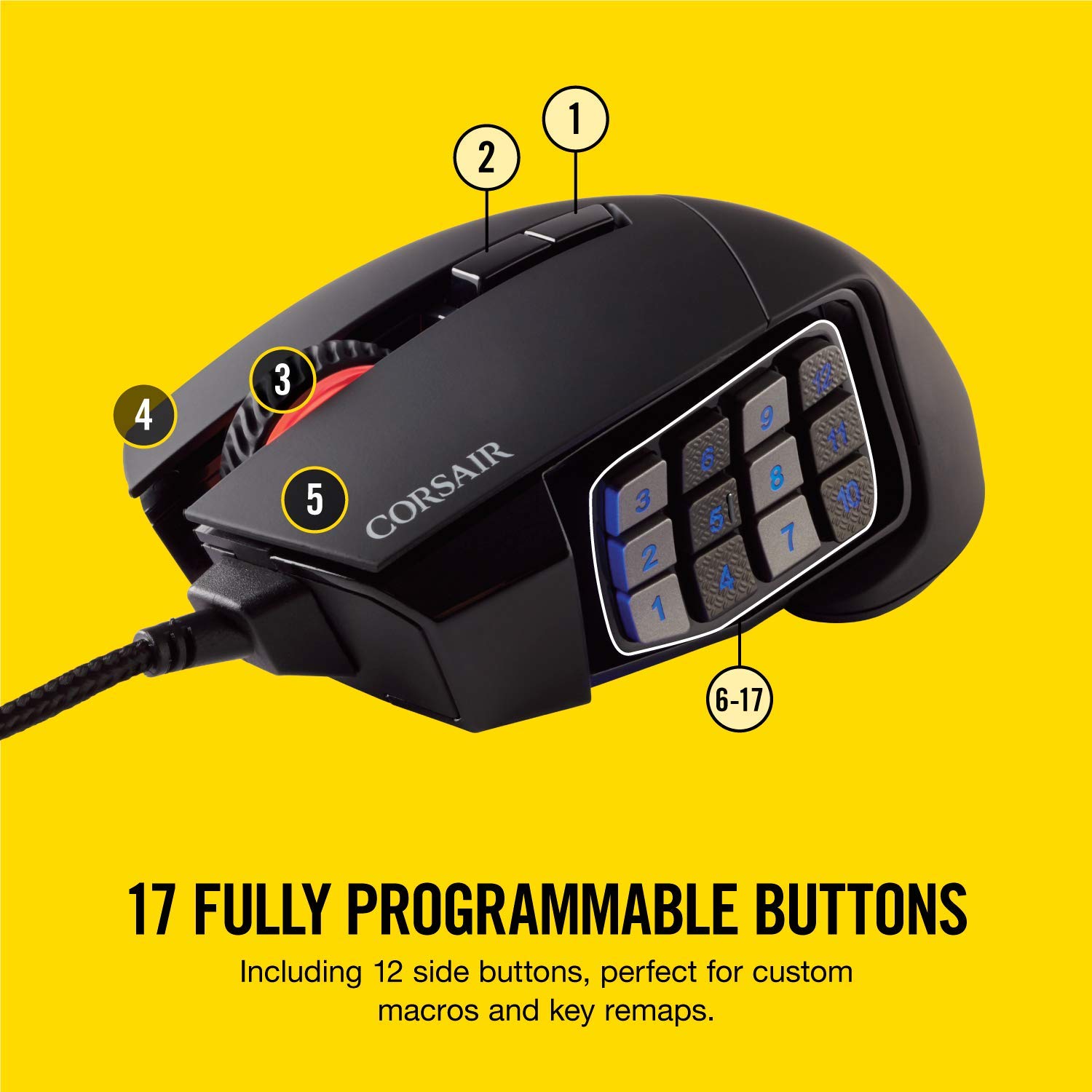 Corsair Scimitar Pro RGB Optical MMO Gaming Mouse (16,000 DPI Optical Sensor, 12 Programmable Side Buttons, 4-Zone RGB Multicolour Lighting, On-Board Storage) - Black