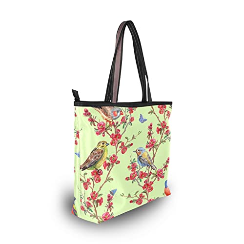 Flower Tote Bag with Zipper Long Handles Bird Floral Handbag Shoulder Bag