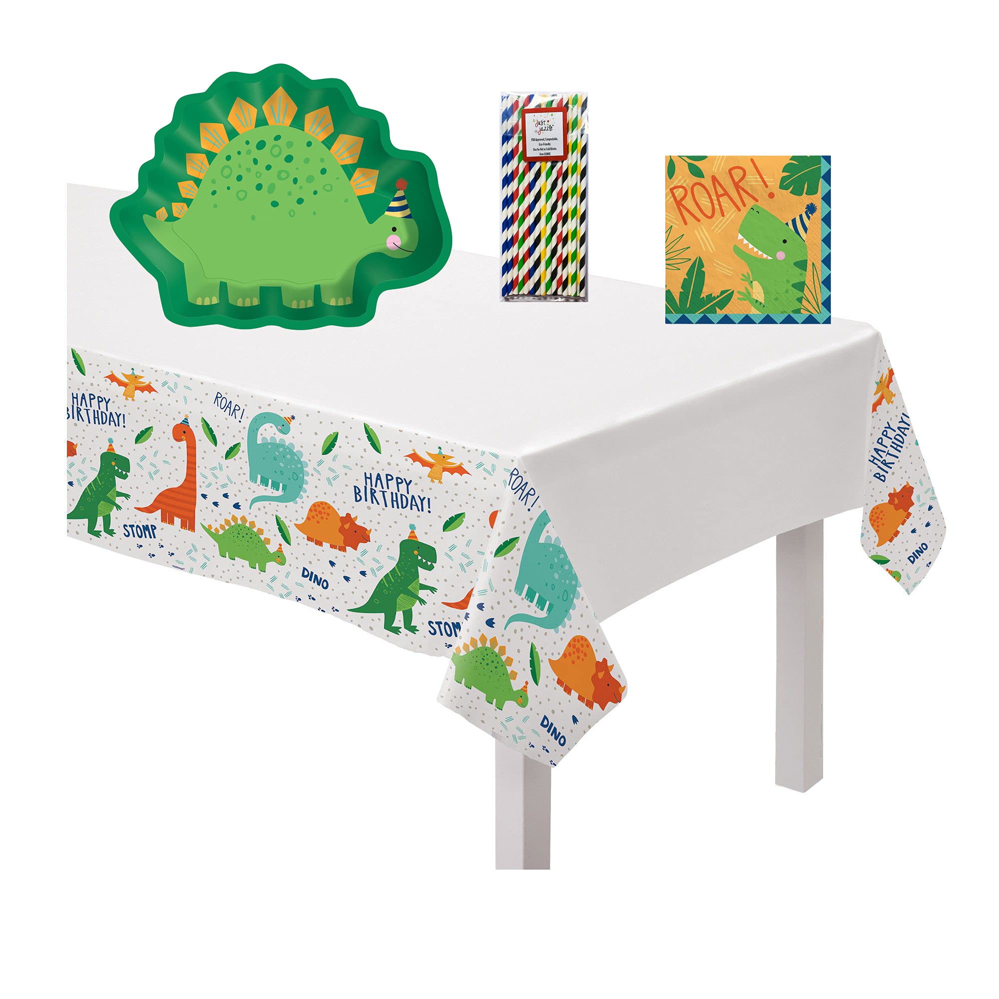 Just Jazzle Amscan Dinomite Dinosaur Birthday Party Tableware Kit Napkins, Plates, Tablecover Bundle, 16 Guests