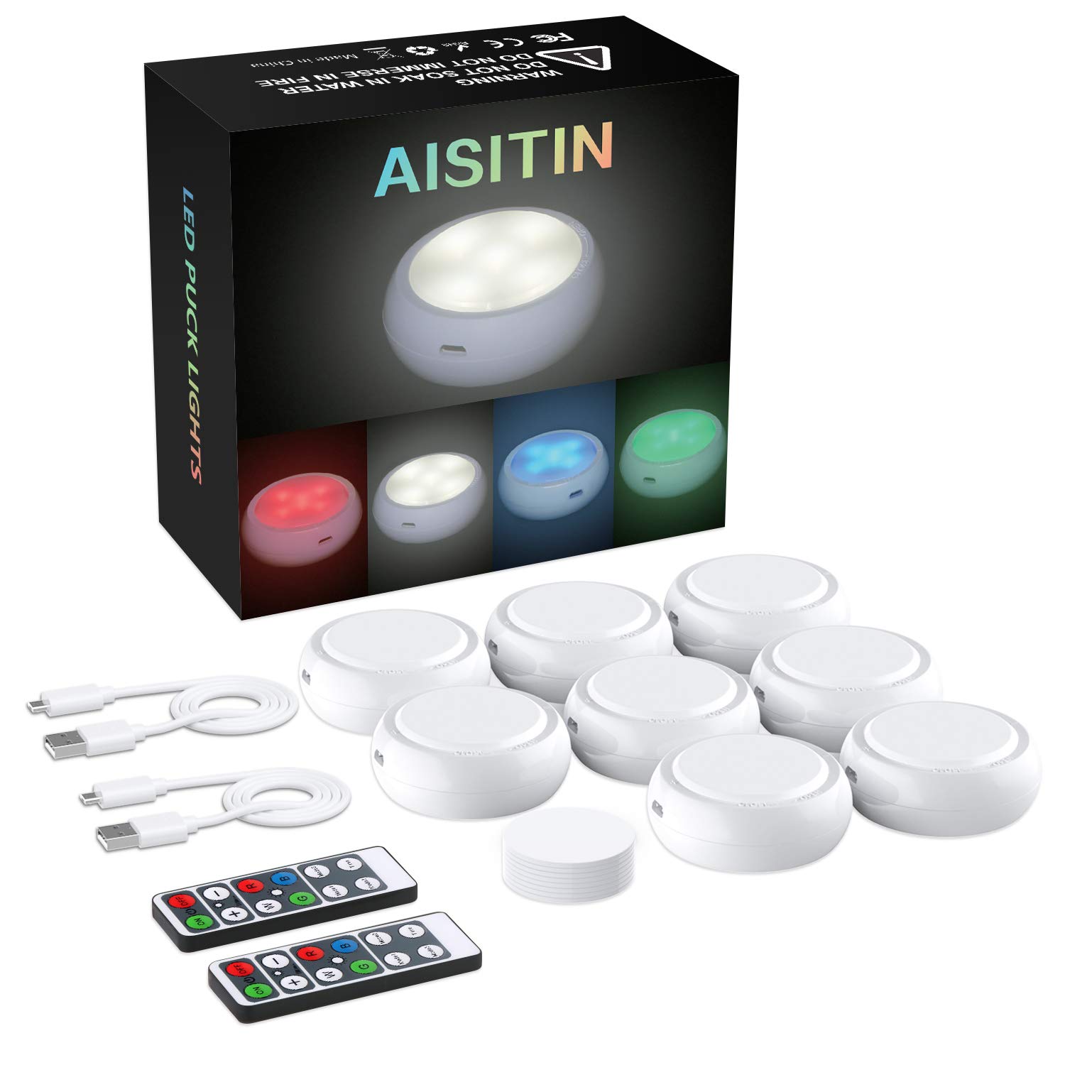 AISITIN Puck Lights Battery Operated Lights with Remote Control, 8 Pack Closet Lights Under Cabinet Light 16 Colors 3 Modes (6000K/4000K/RGB), LED Closet Light with 2 USB Cables