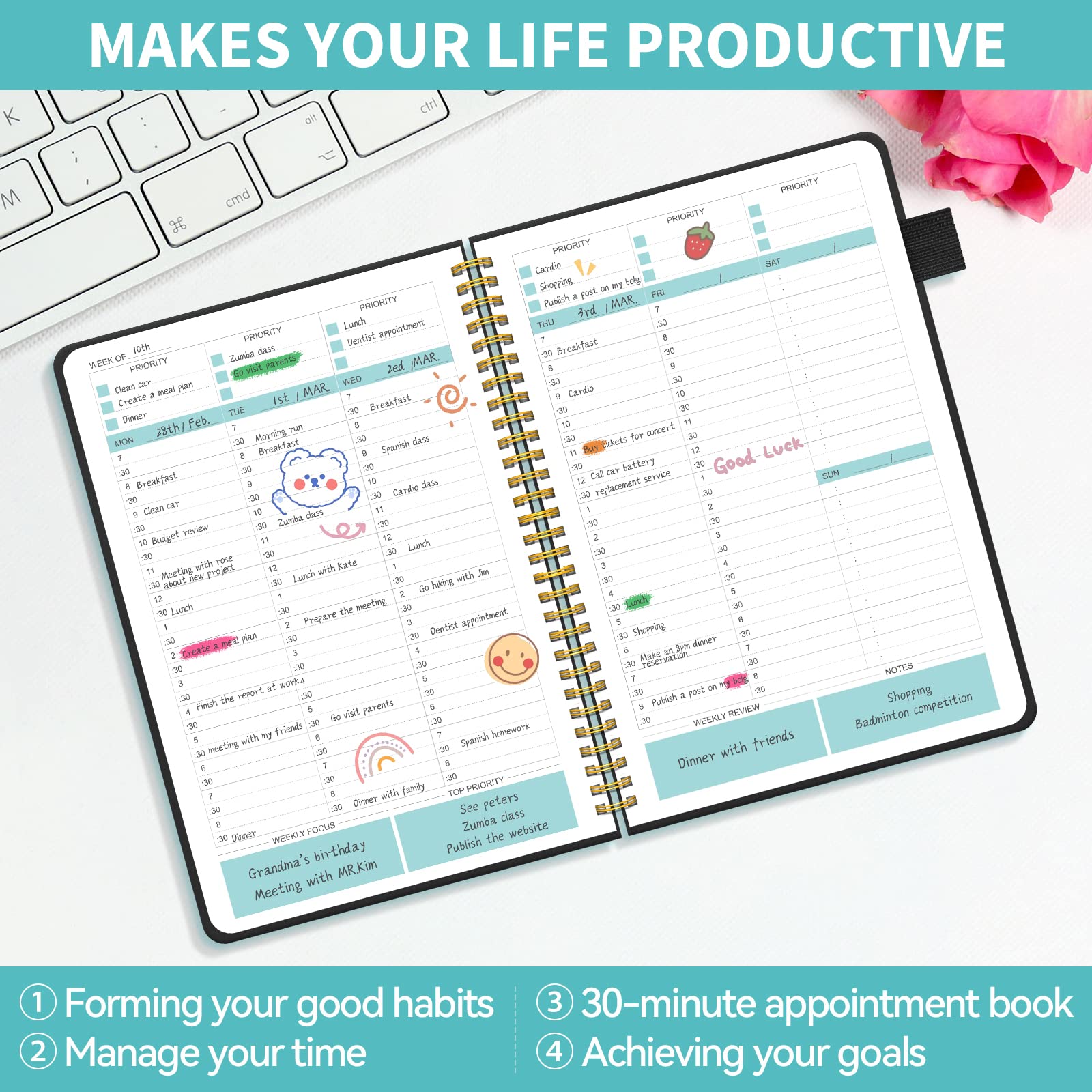 Appointment Book Undated Planner , Regolden-Book Daily Hourly Schedule Planner with 30-Minute Increments, Appointment Hardcover notebook with Weekly Templates, Hardcover, Spiral Binding Notebook for Man & Women, Pen Loop, Inner Pocket 53 Weeks (5.5x8.5”)