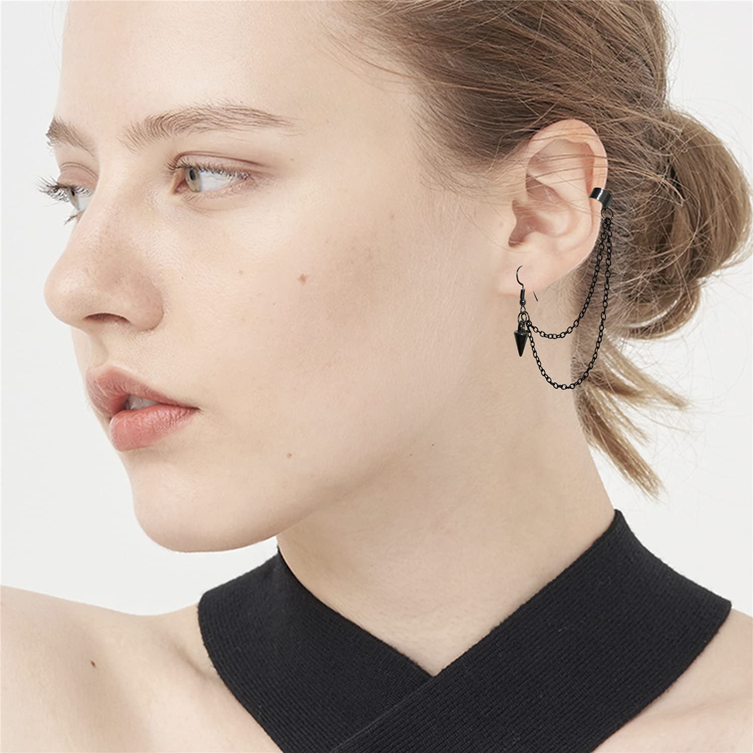ANDPAI Unique Lightweight Black Silver Punk Long Tassel Chain Ear Cuff Earrings 316L Stainless Steel Vintage Barrel Nails Crawler Climer Dangle Drop Stud Earrings for Men Women Unisex (Black)