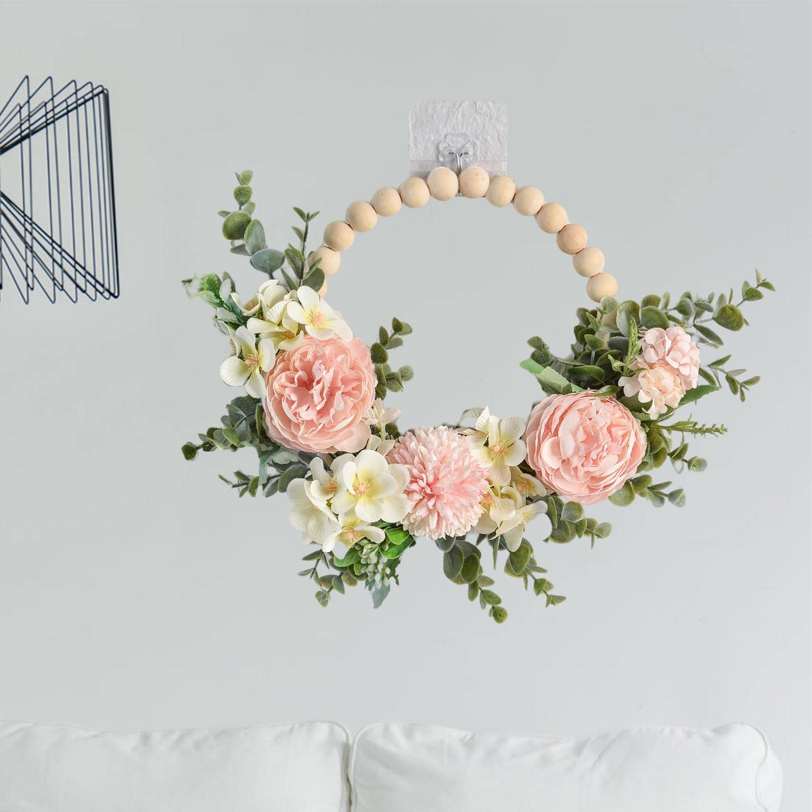 Artificial Wreath Faux Floral Wreath Spring Wreath Wooden Bead Round