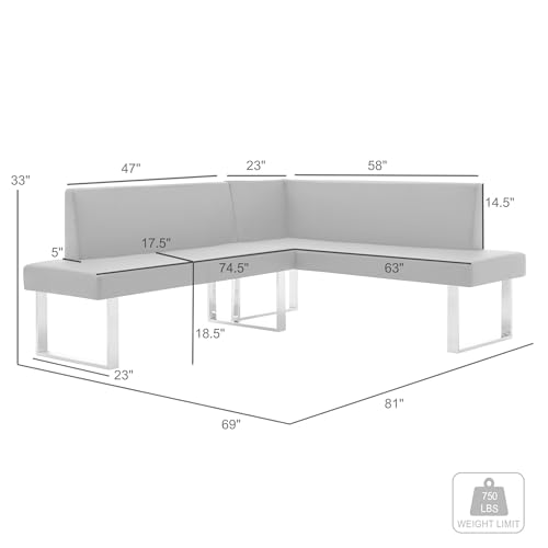 Armen Living Amanda Sectional in Grey Faux Leather and Chrome Finish
