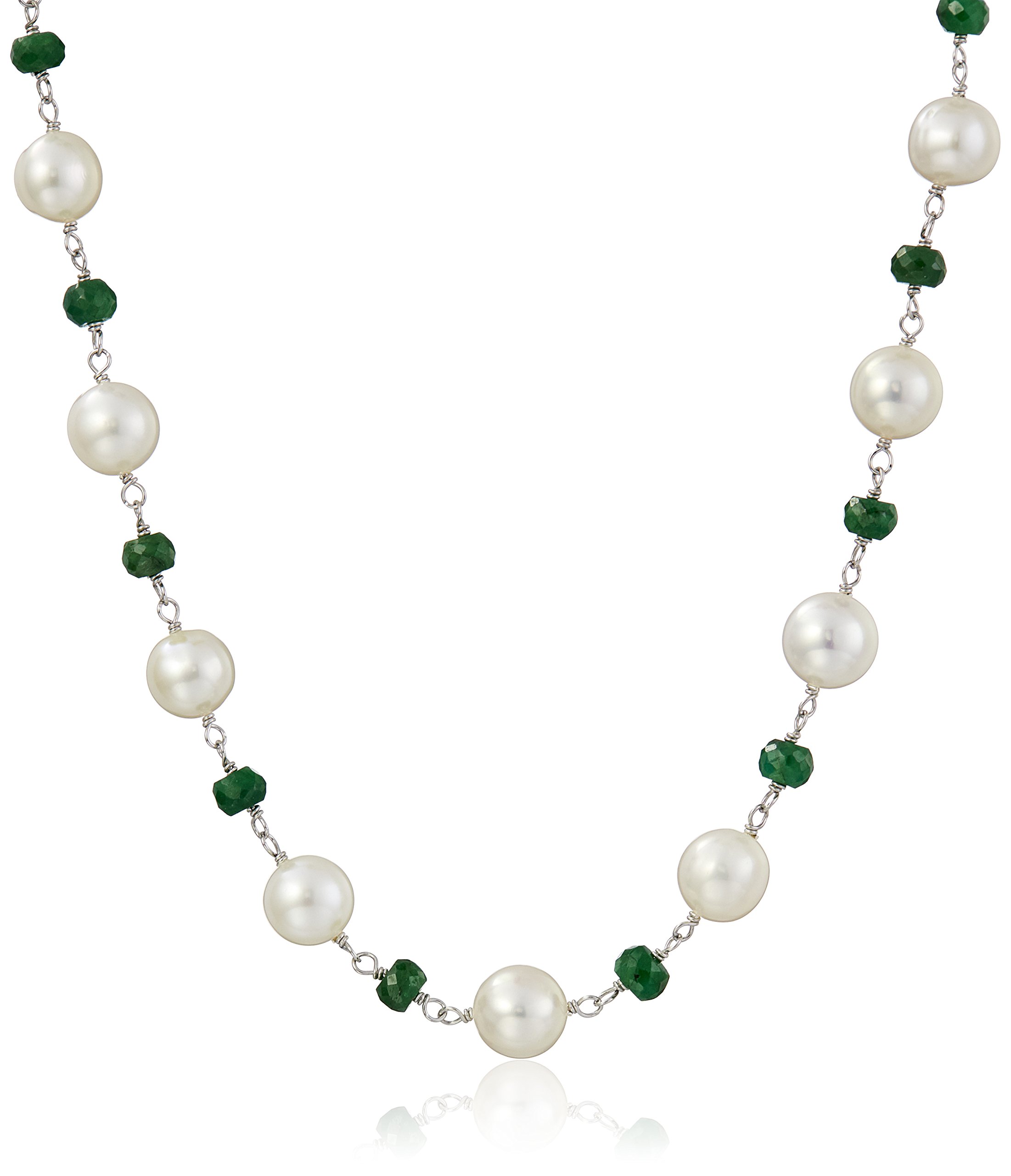 Amazon Essentials Sterling Silver 8-9mm White Freshwater Cultured Pearl 4mm Simulated Blue Sapphire Strand Necklace, 18", (previously Amazon Collection)