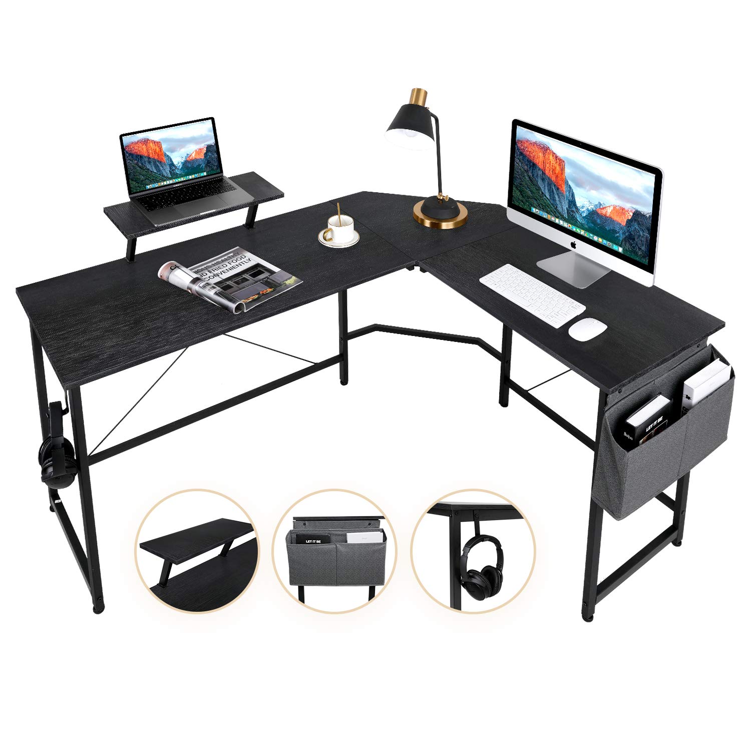 AuAg L Shaped Office Computer Desk with Storage Bag & Monitor Stand, Home Corner Gaming Desk, Study PC Writing Table Workstation (Black)