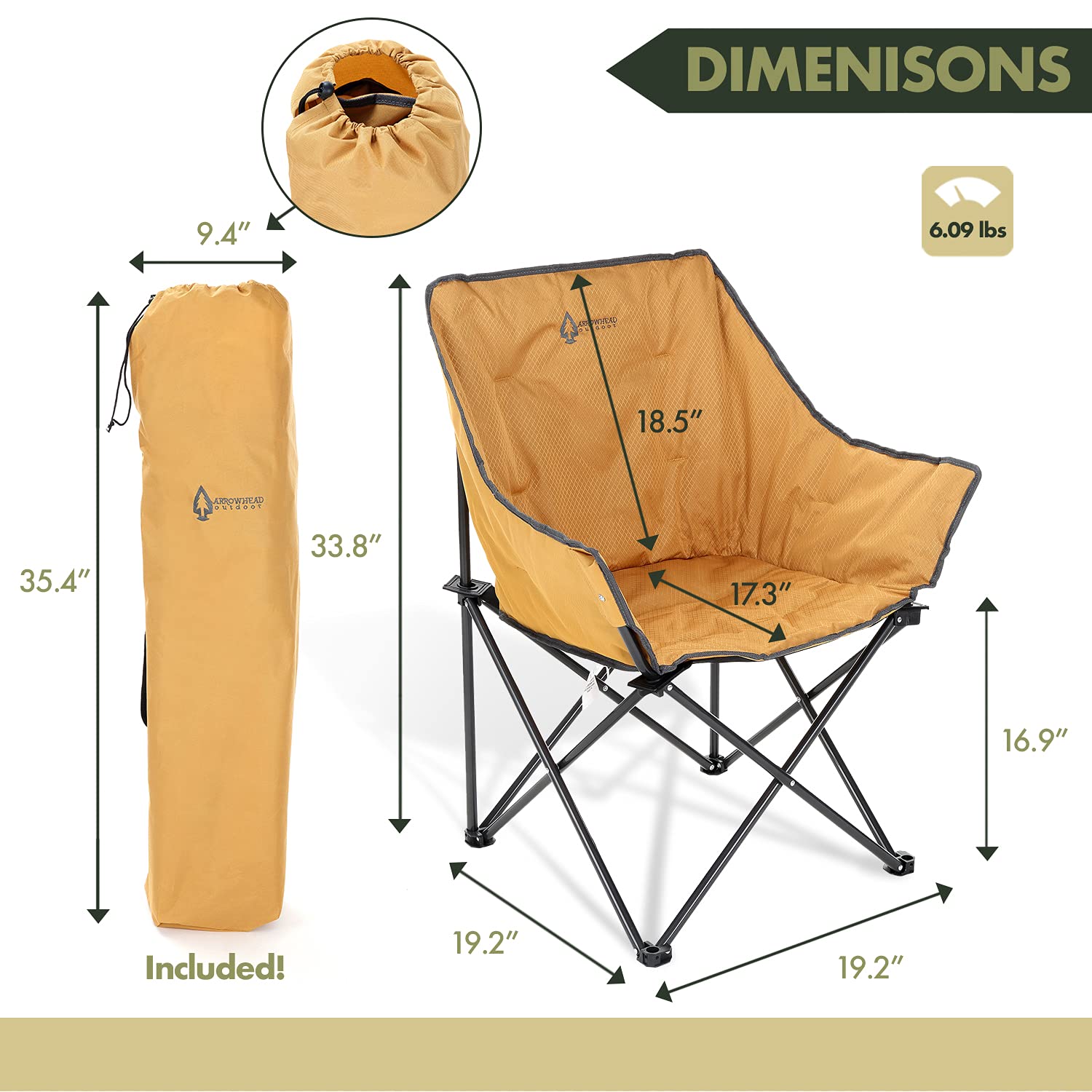 ARROWHEAD OUTDOOR Portable Folding Camping Quad Bucket Chair, Compact, Heavy-Duty, Steel Frame, Supports up to 250lbs | Includes Carrying Bag | USA-Based Support (Green)