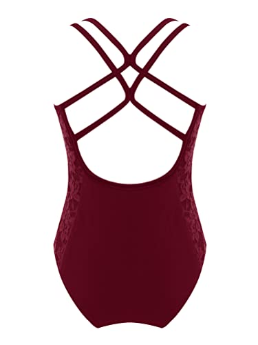 Aislor Kids Girls Ballet Dance Gymnastics Leotards Sleeveless Lace Patchwork Straps Hollow Back Unitard Bodysuit Rompers Burgundy 10 Years