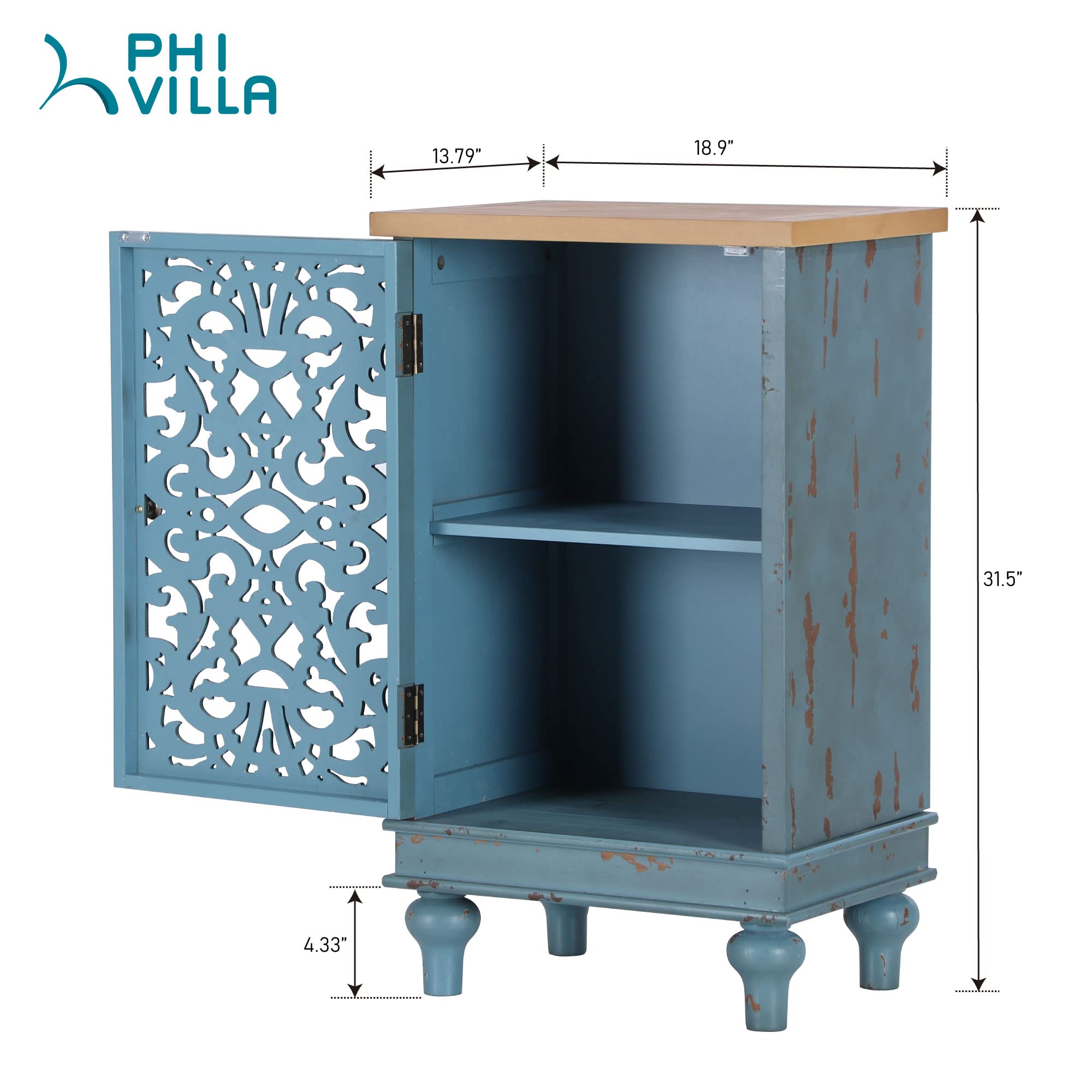PHI VILLA Small Accent Storage Cabinet with Single Door - Decorative Nightstand for Living Room Bedroom, End Side Table Cabinet Blue