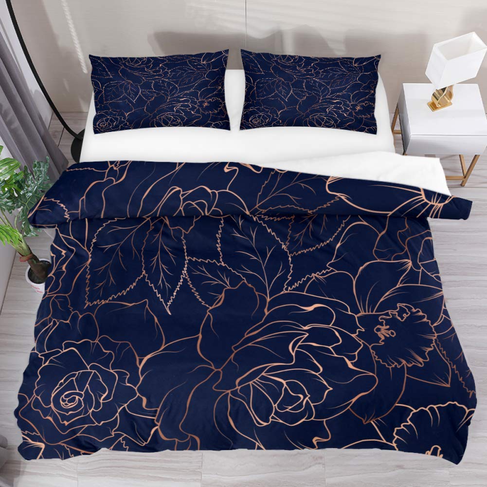 AISSO Full Duvet Cover Set Gold Rose Navy Blue Super Soft Microfiber 3 Piece Bedding Sets Include 1 Duvet Cover 2 Pillowcases Home Decor