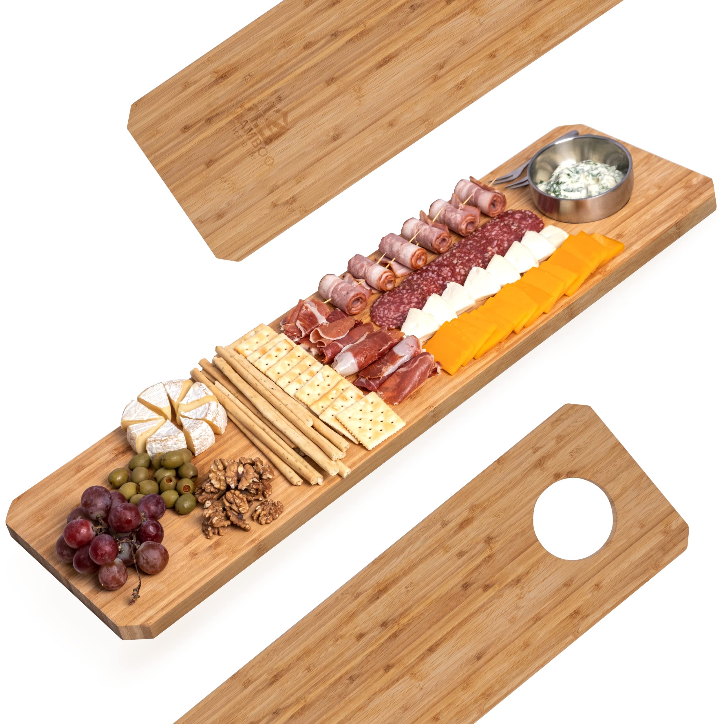 Bamboo Home Life Long Charcuterie Board - 31 Inch Long Cheese Board Includes Hole for Dips or to Hang on Wall - Great for Meats, Cheeses, Appetizers Platter at Parties, Gifts