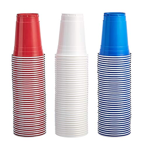 Amazon Basics Plastic Cups, 16oz, Pack of 120, Red, White, and Blue